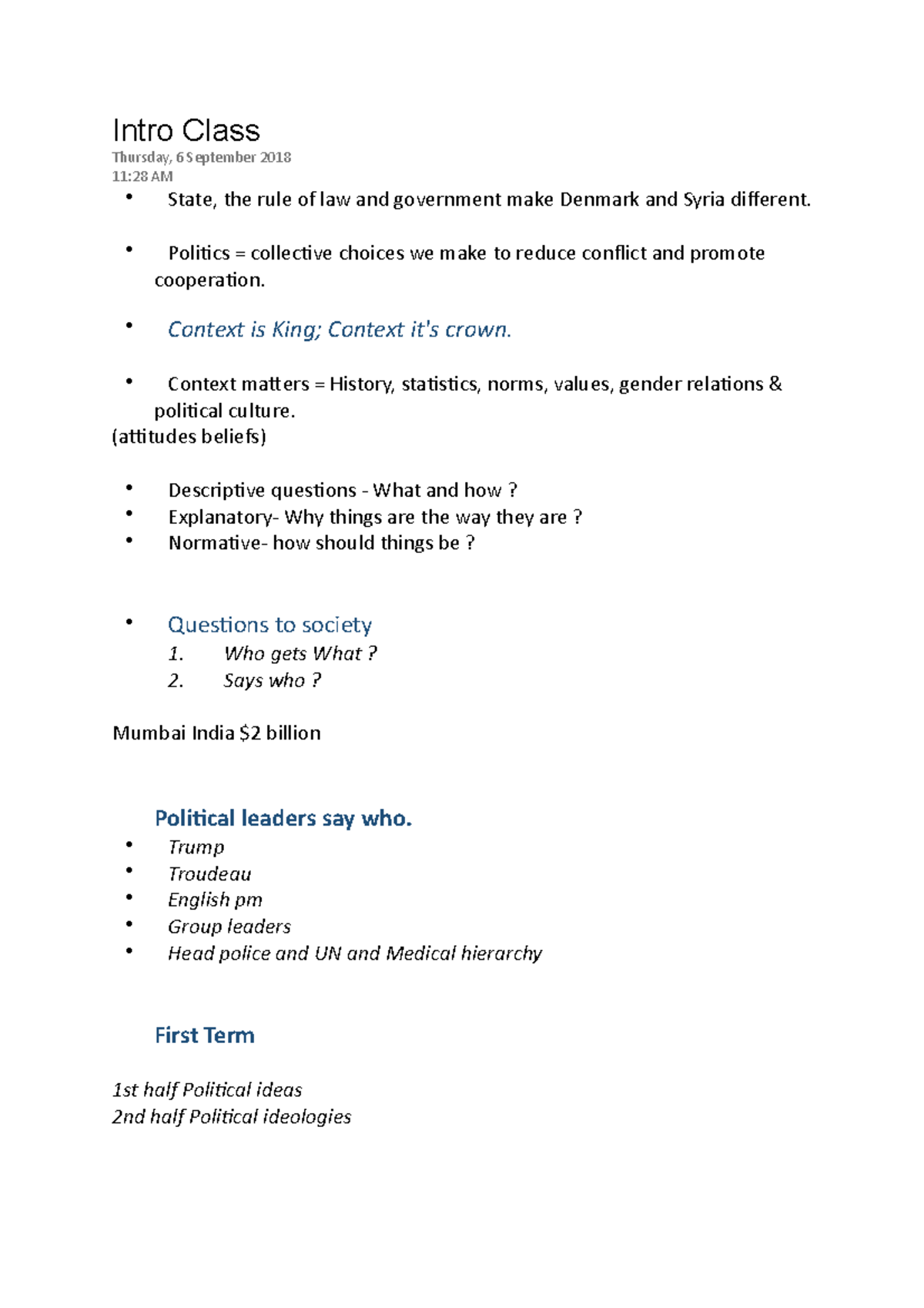 Political science classes 1 and 2 - Intro Class Thursday, 6 September ...