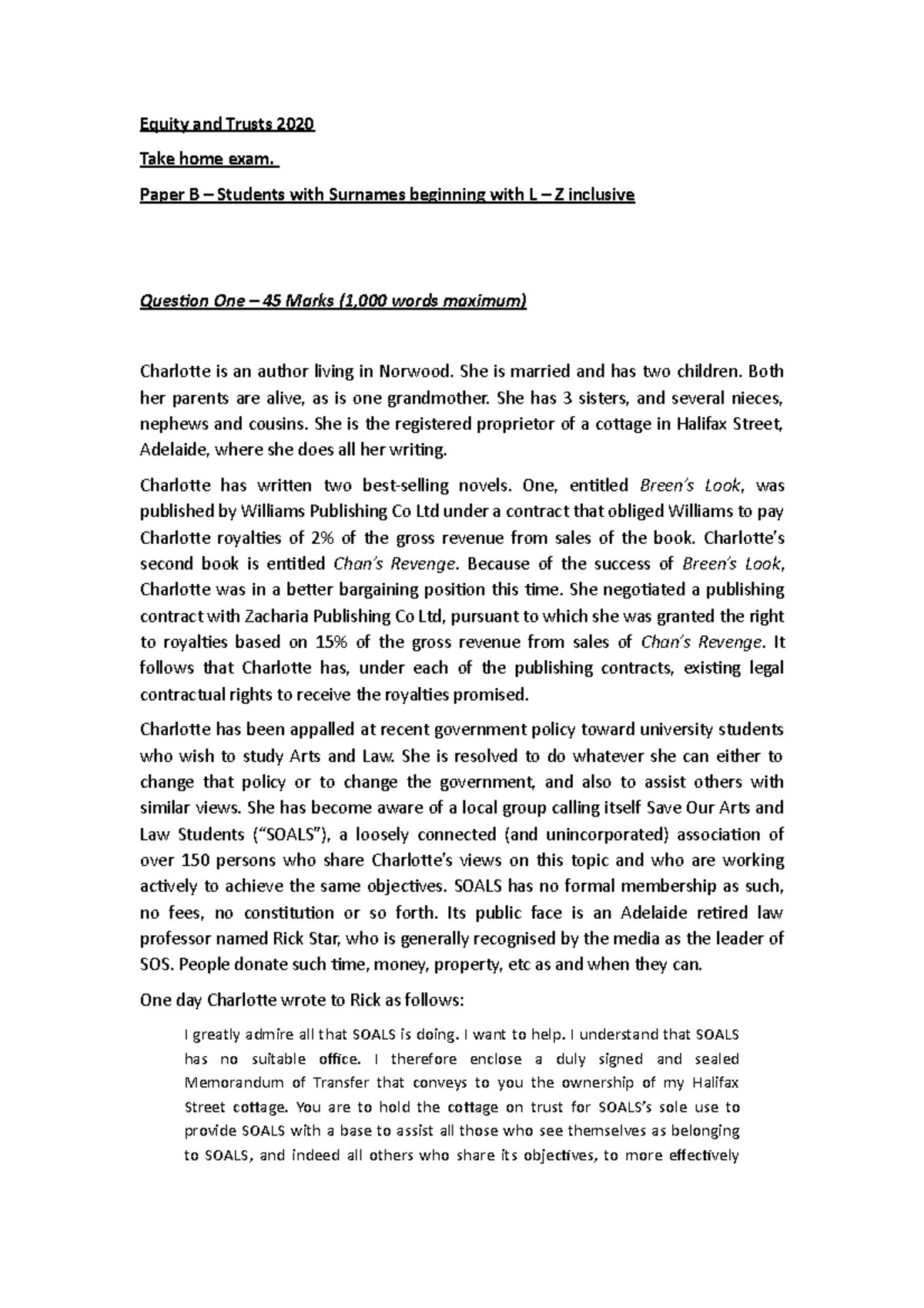 Equity and Trusts 2020 exam paper B Students L-Z - Equity and Trusts ...