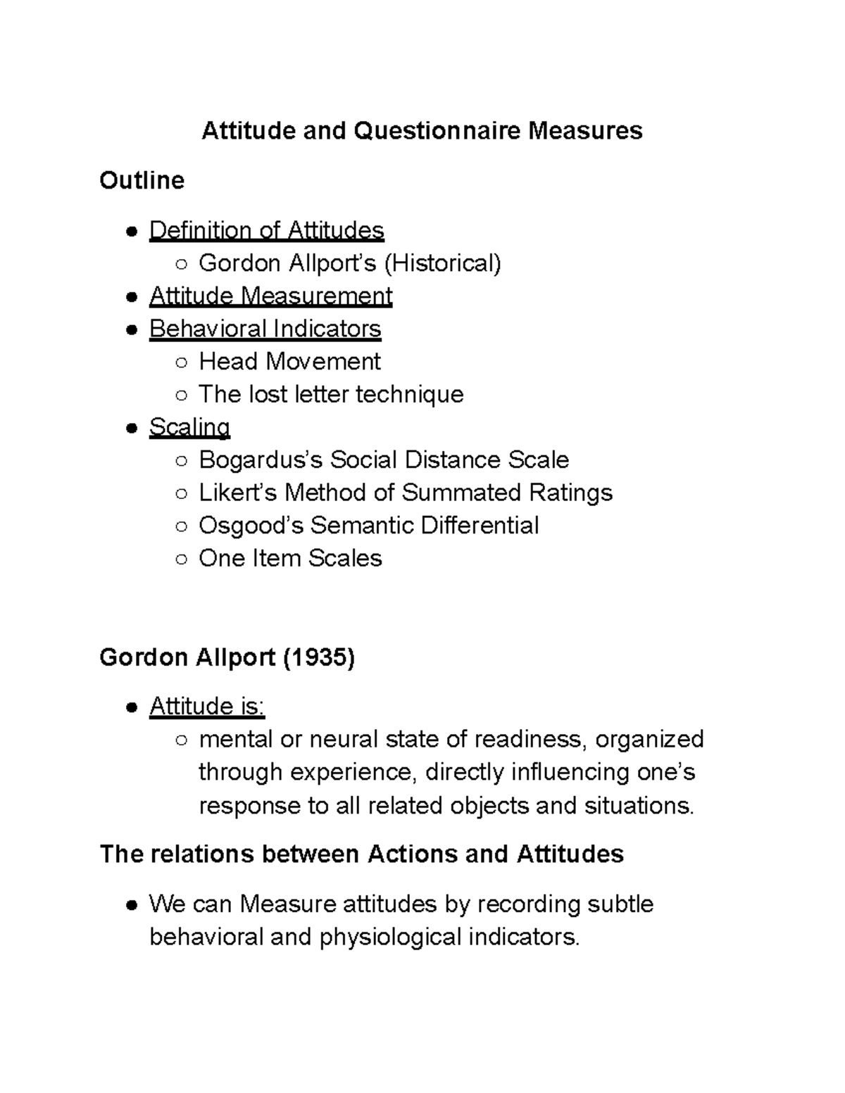 PSY 240 Lecture #23 Notes - Attitude and Questionnaire Measures Outline ...
