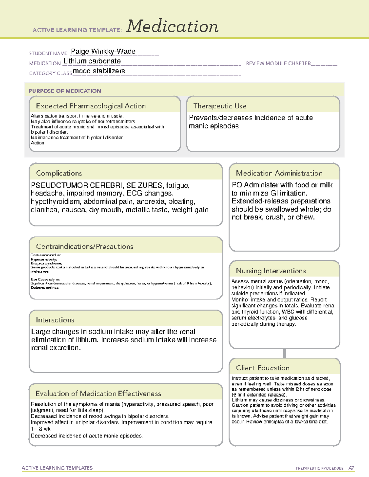 Lithium Carbonate Drug Card - ACTIVE LEARNING TEMPLATES THERAPEUTIC ...