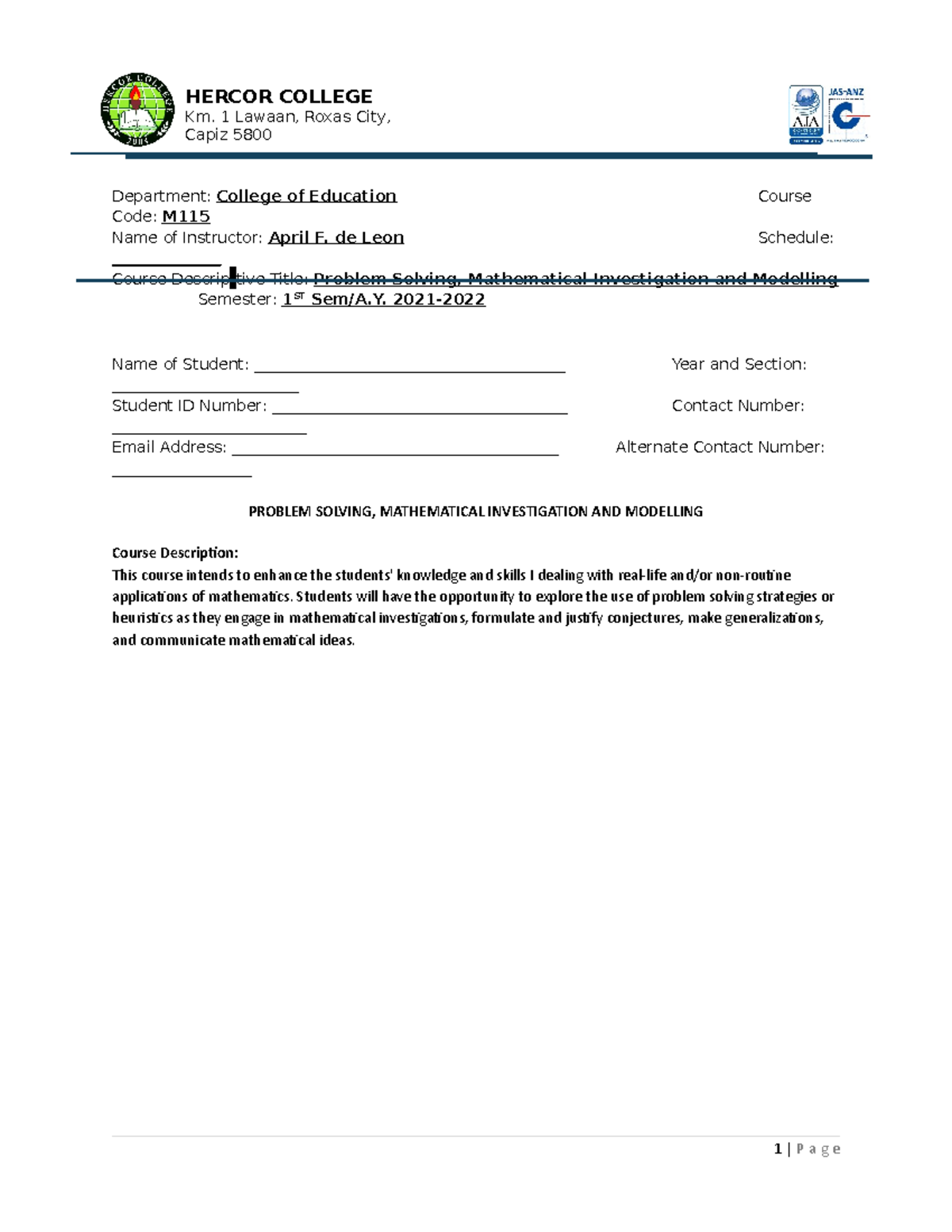 Problem Solving lessons 1 4 - Department: College of Education Course ...