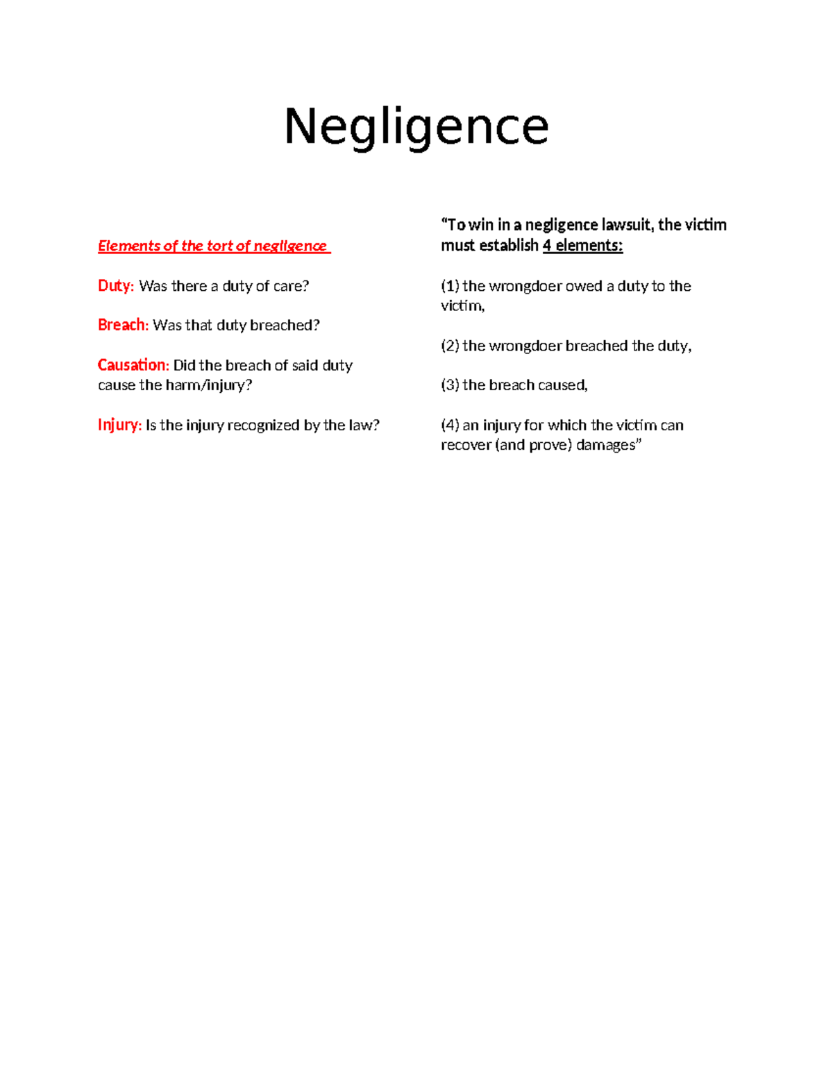 Torts - Final Exam Outline - Negligence Elements of the tort of ...