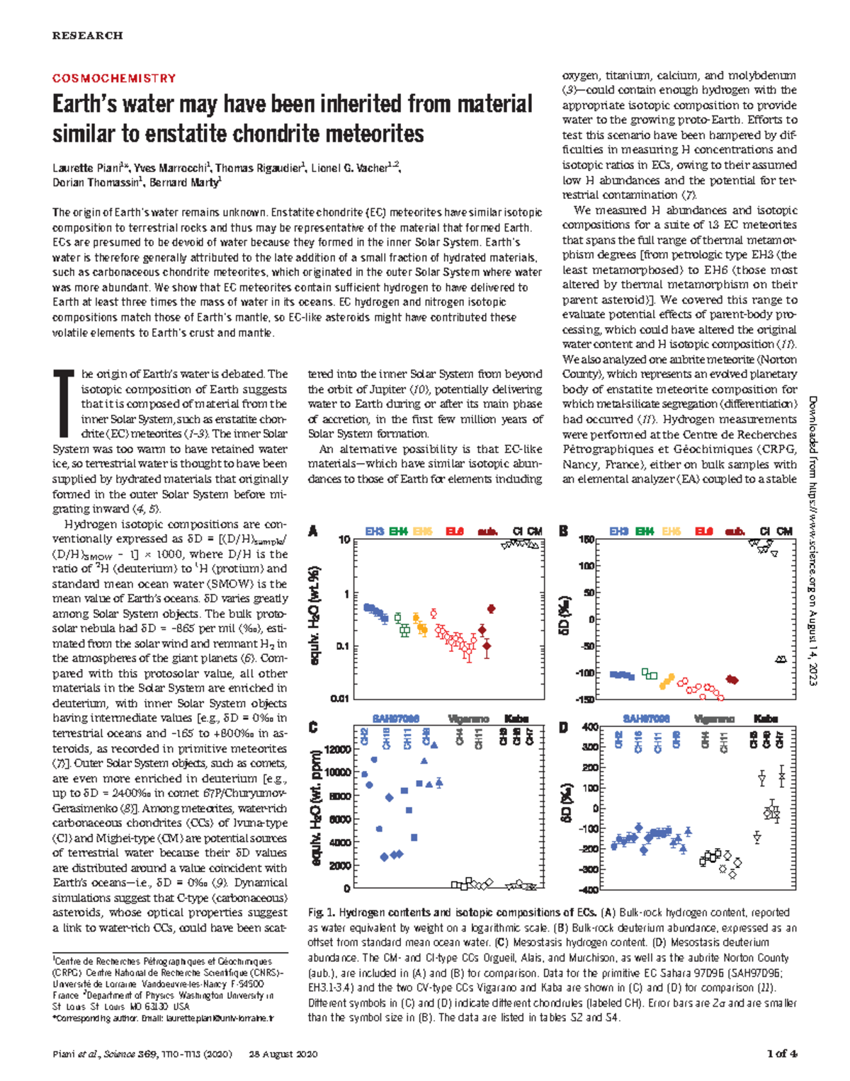 2020 Piani Earth water meteorite - COSMOCHEMISTRY Earth’s water may ...