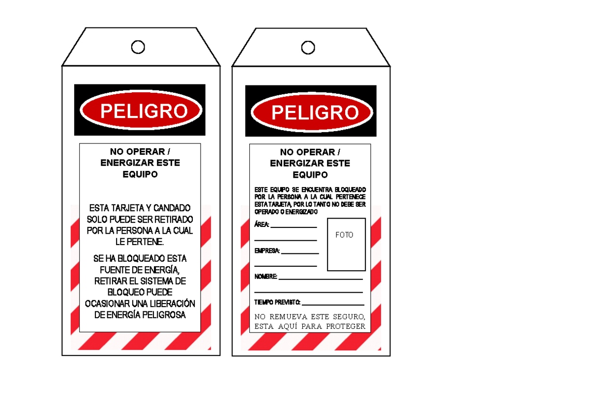 Tarjeta de bloqueo Blanco - FOTO PELIGRO NO OPERAR / ENERGIZAR ESTE ...