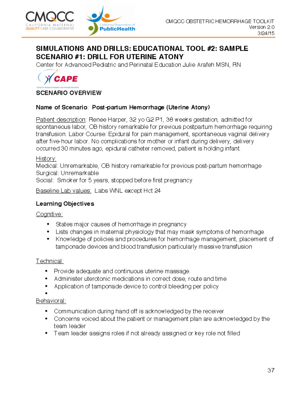 OB Hem Educational Tool 2 - Version 2. 3/24/ SIMULATIONS AND DRILLS ...