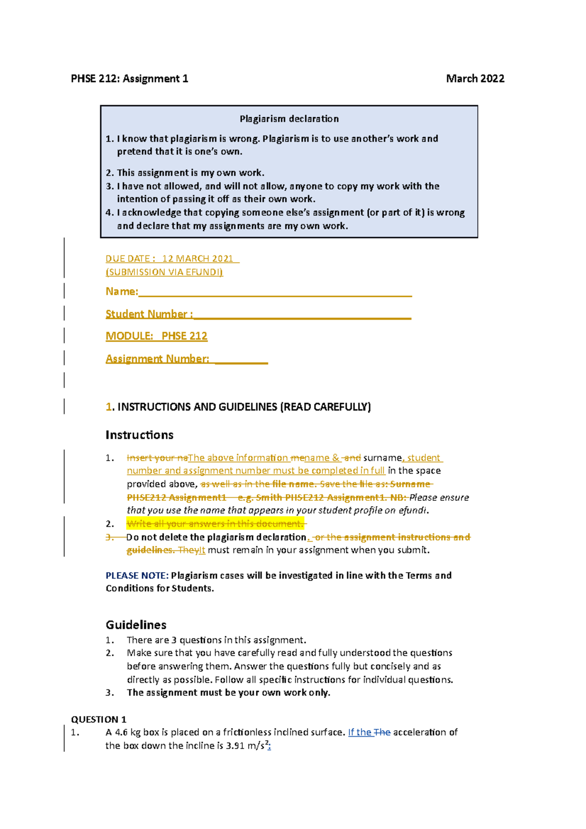 PHSE 212 Assign 01- 2022 - PHSE 212: Assignment 1 March 2022 Plagiarism ...