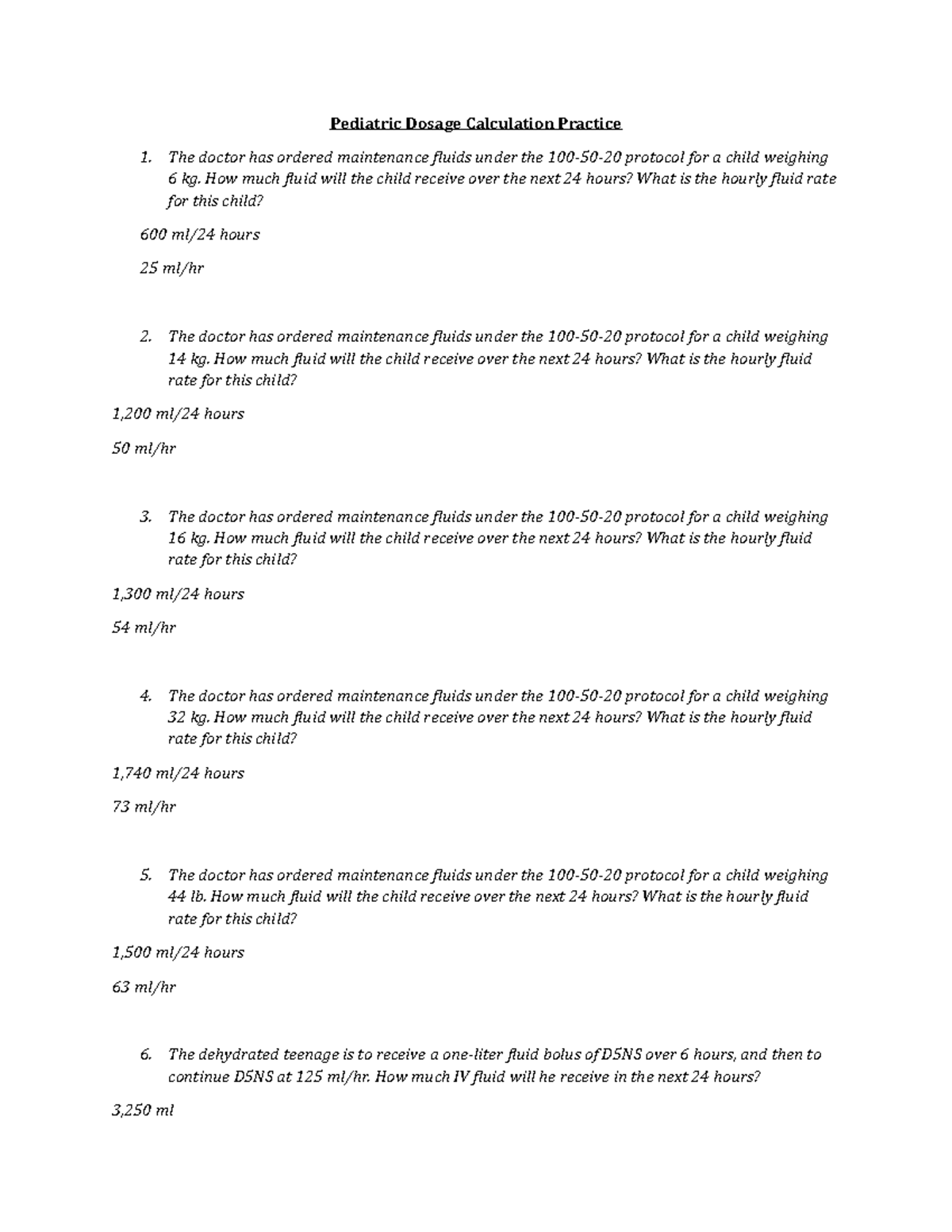 Pediatric Dosage Calculation Practice Questions Answer Key Studocu