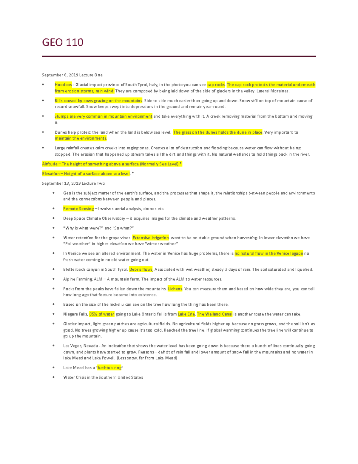 GEO 110 Notes - Forsythe's Geo 110 Class - GEO 110 September 6, 2019 ...