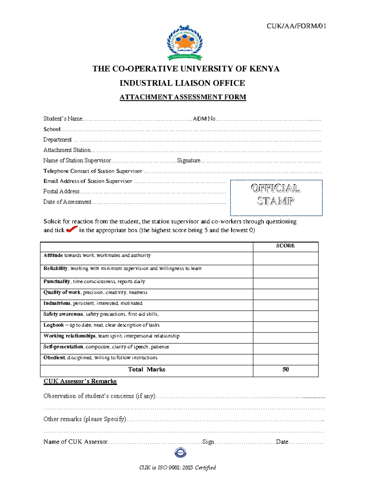 Attachment-Assessment-Form - THE UNIVERSITY OF KENYA INDUSTRIAL LIAISON ...