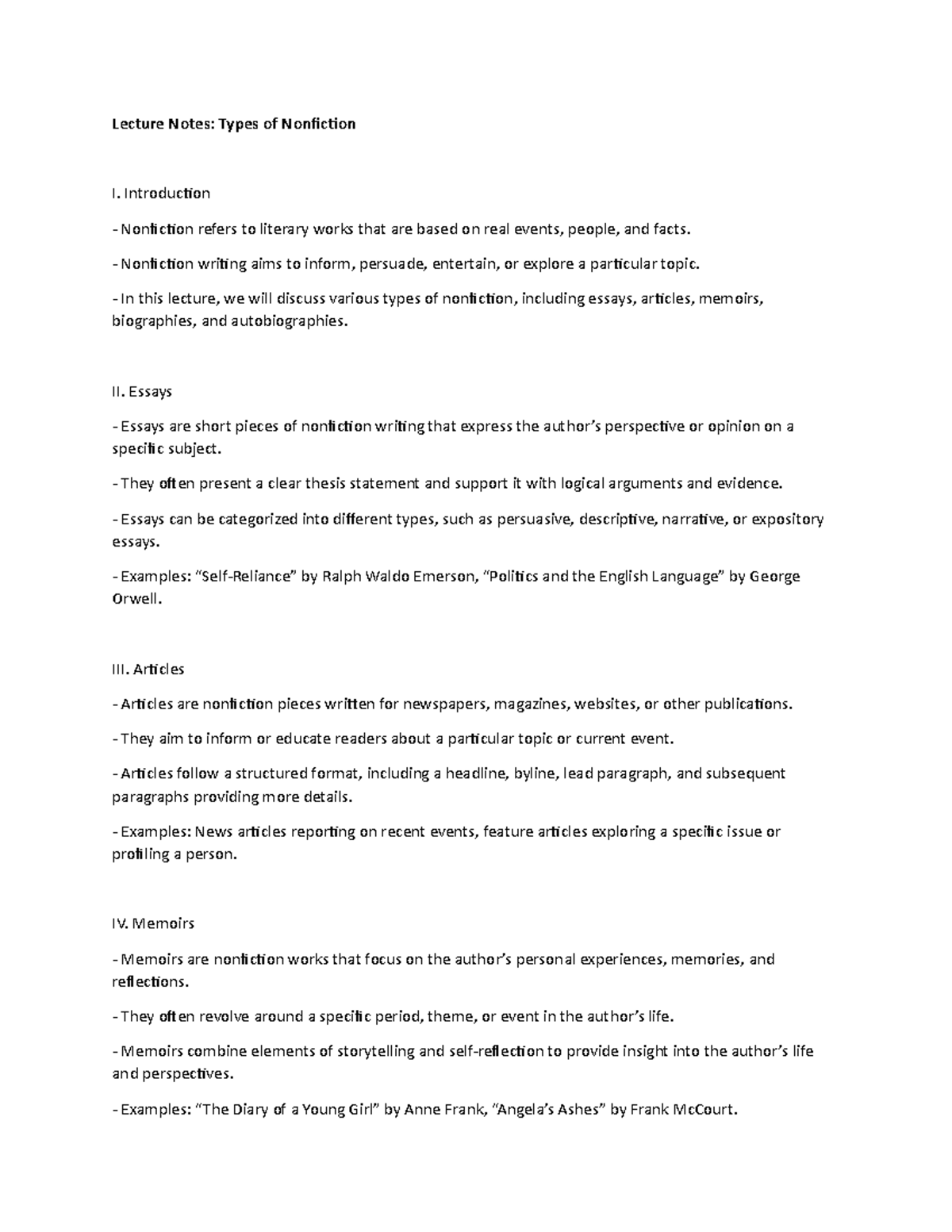 Lecture Notes for Types of Nonfiction - Introduction Nonfiction refers ...