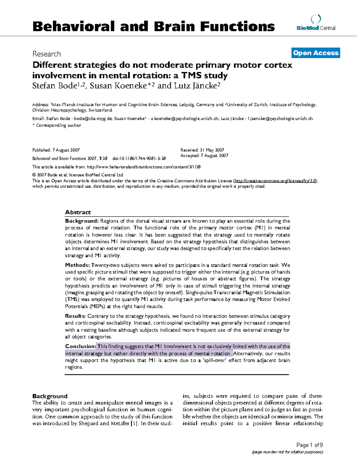 Bode psyc20006 bio psyc reading asmt1 - BioMed Central Page 1 of 9 Behavioral and Brain ...