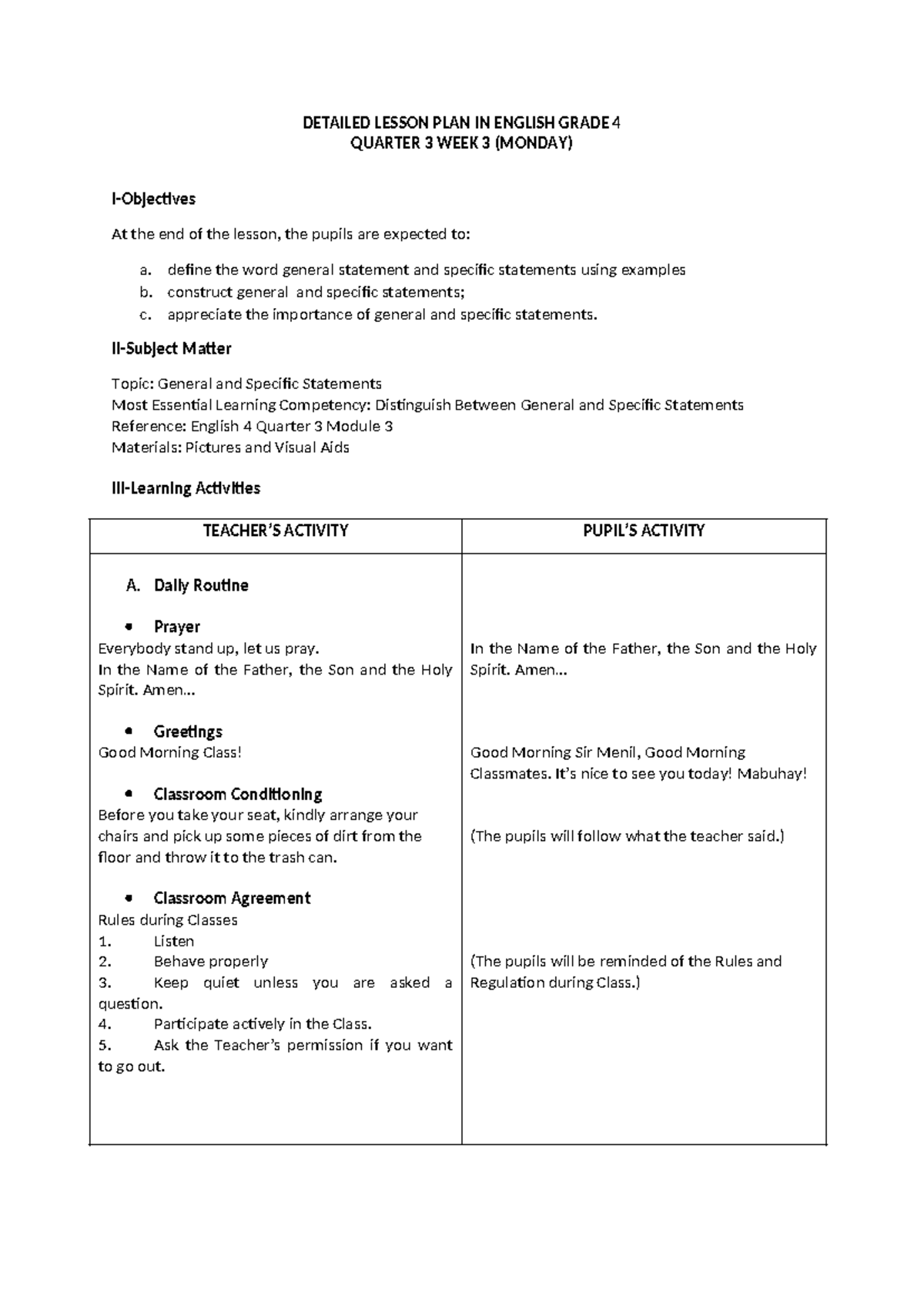 Lesson plan English detailed - DETAILED LESSON PLAN IN ENGLISH GRADE 4 ...