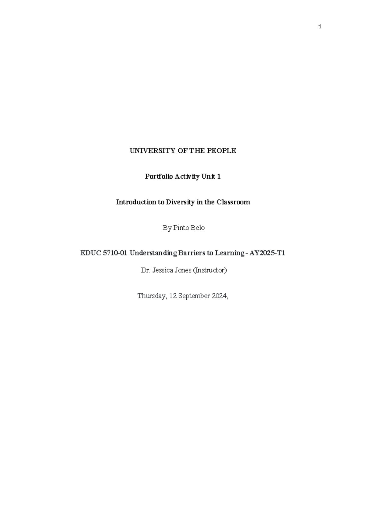 Portfolio activity Unit 1 - UNIVERSITY OF THE PEOPLE Portfolio Activity Unit 1 Introduction to ...