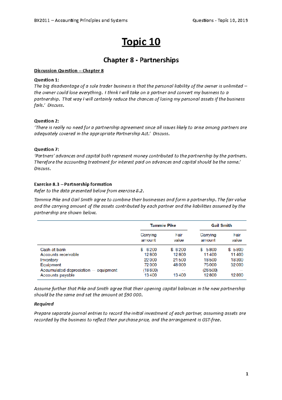 2011 Topic 10 Tutorial - BX2011 – Accouning Principles and Systems Quesions - Topic 10, 2019 ...