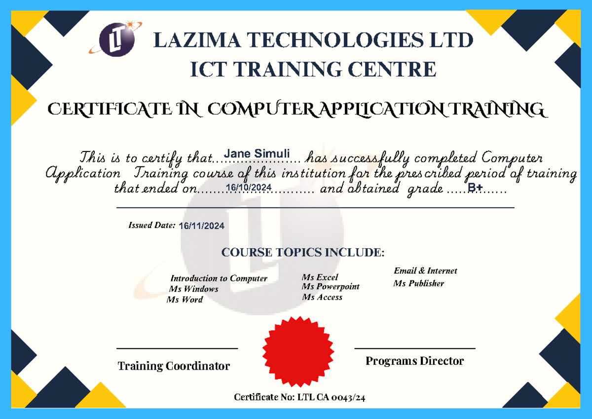 Final computer certificate design - Training Coordinator LAZIMA ...