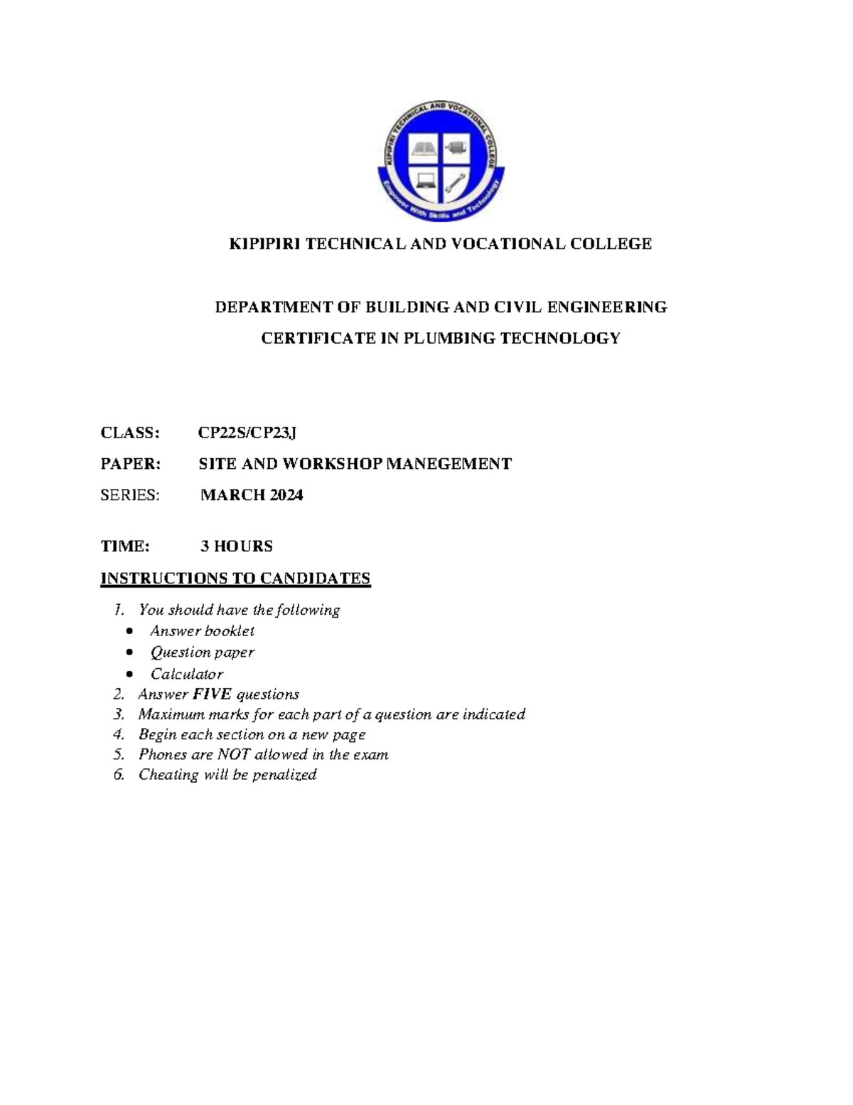 Site plumbing march 2024 - KIPIPIRI TECHNICAL AND VOCATIONAL COLLEGE ...