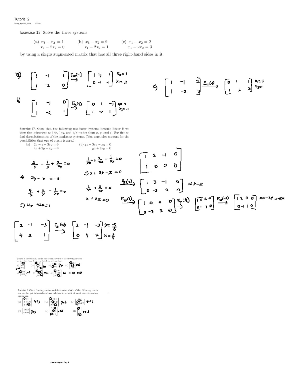 Tutorial 2 - Linear Algebra for BME - Tutorial 2 Friday, April 19, 2024 3:22 PM Linnear Algebra ...