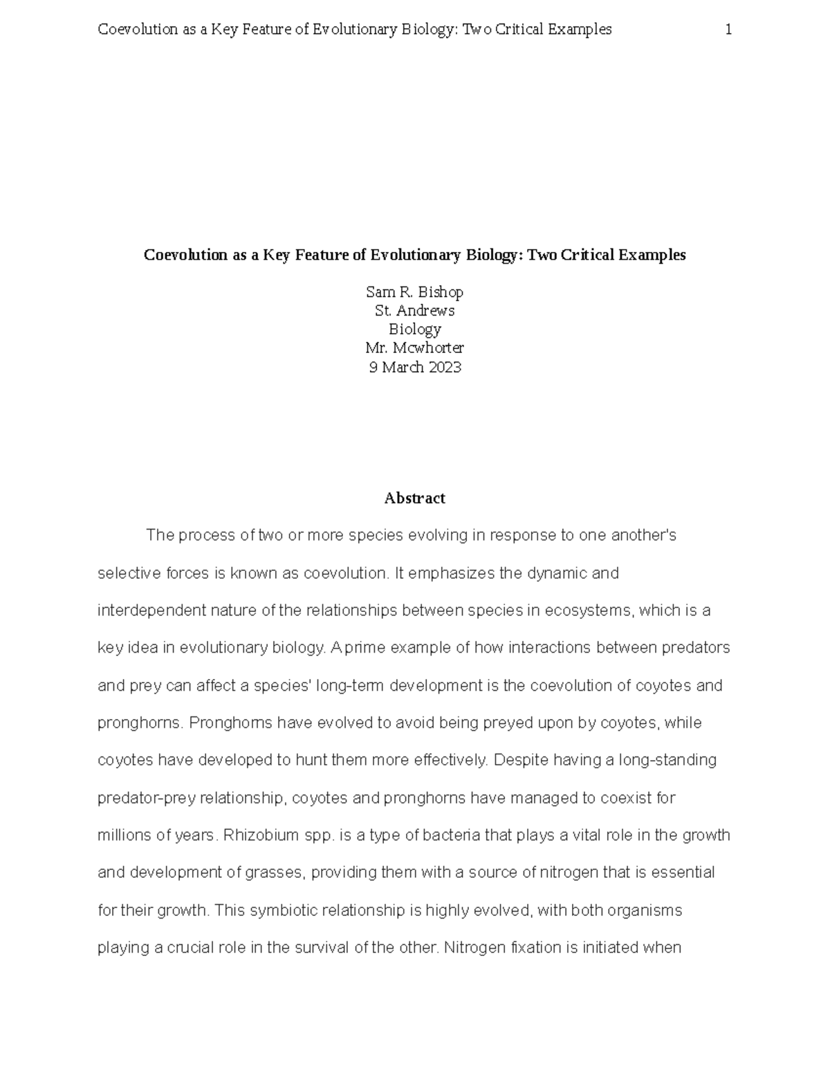 Bio paper 2 - Coevolution as a Key Feature of Evolutionary Biology: Two ...