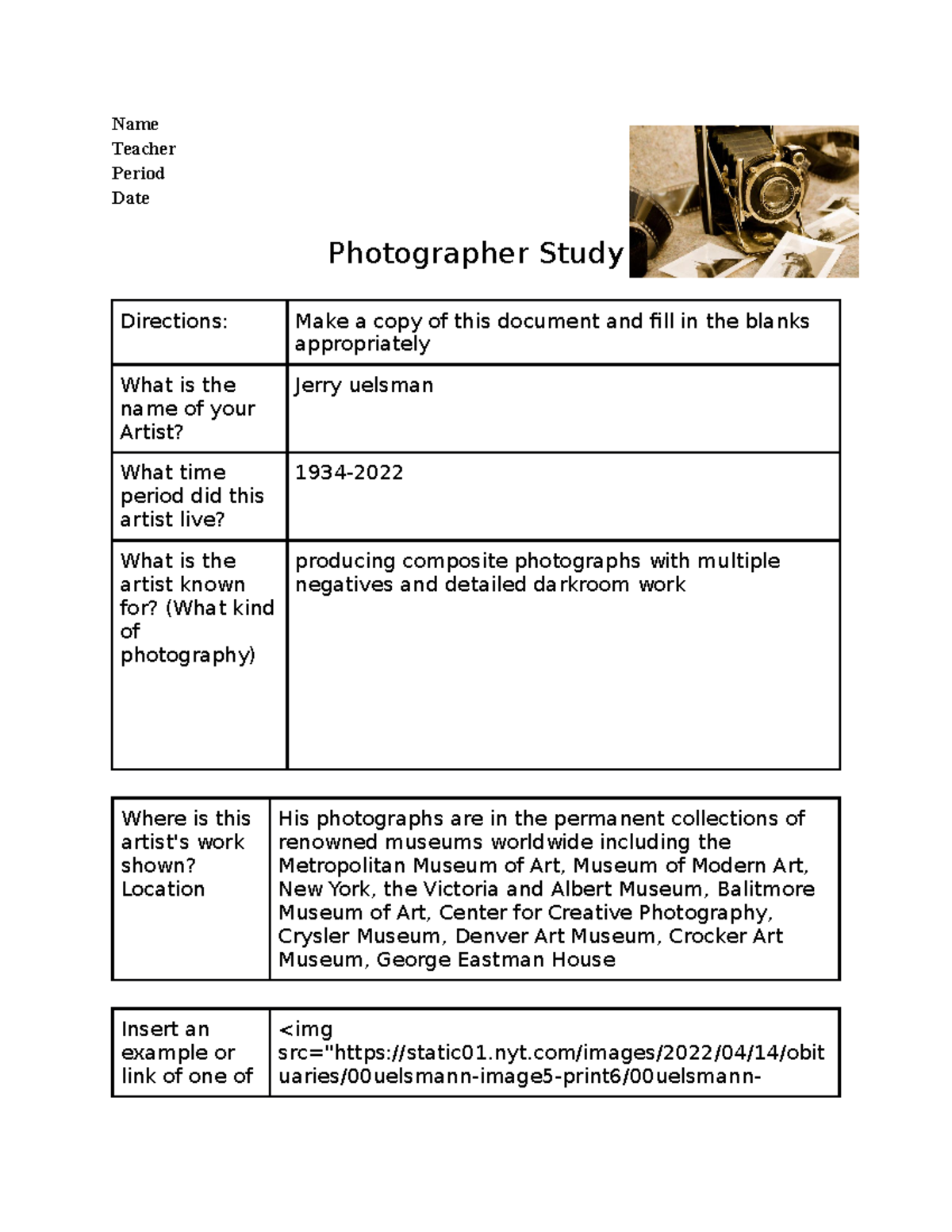 Photographer+study (5) - Name Teacher Period Date Photographer Study ...
