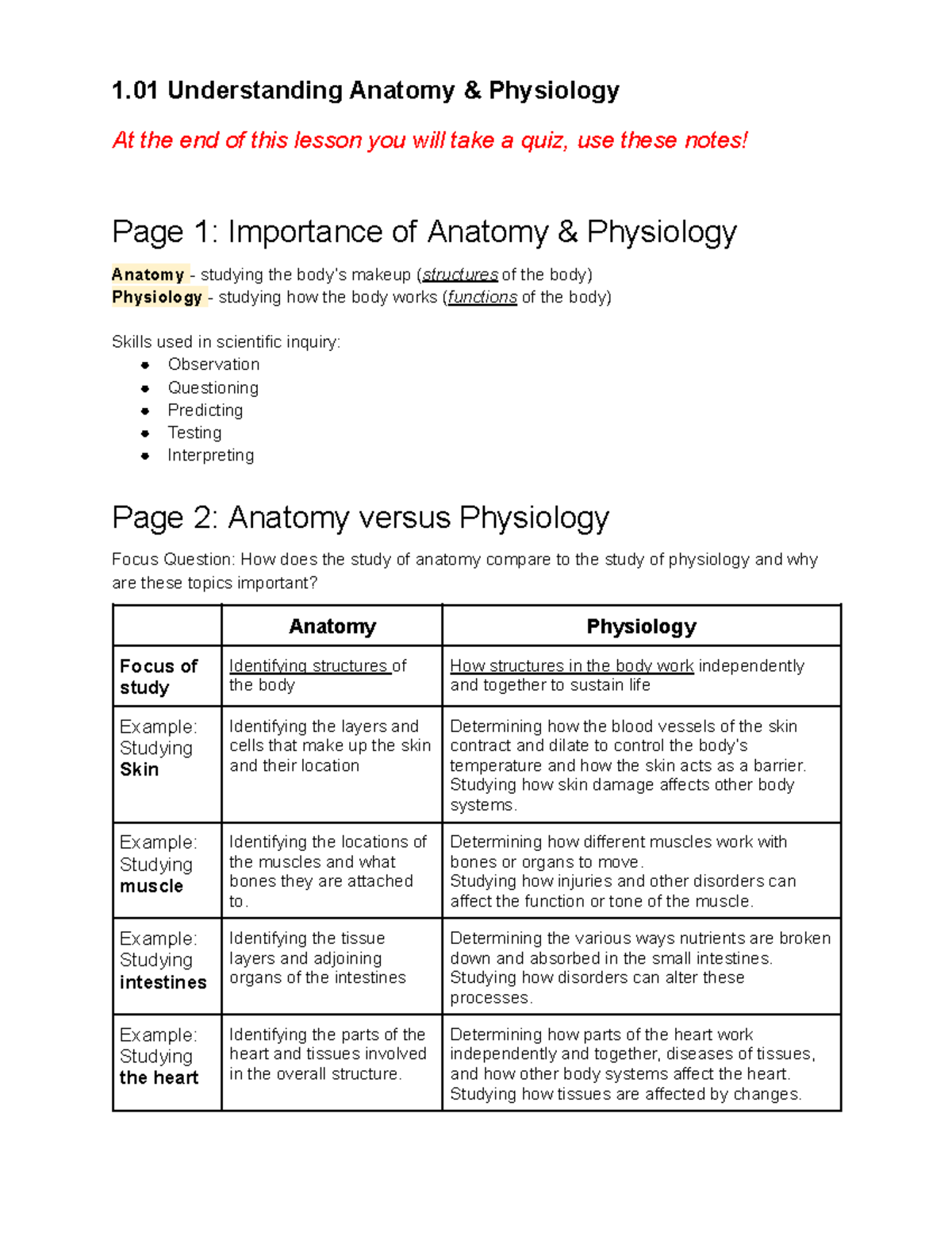 1.01 A&P Teacher Notes - Note guides to study - 1 Understanding Anatomy ...