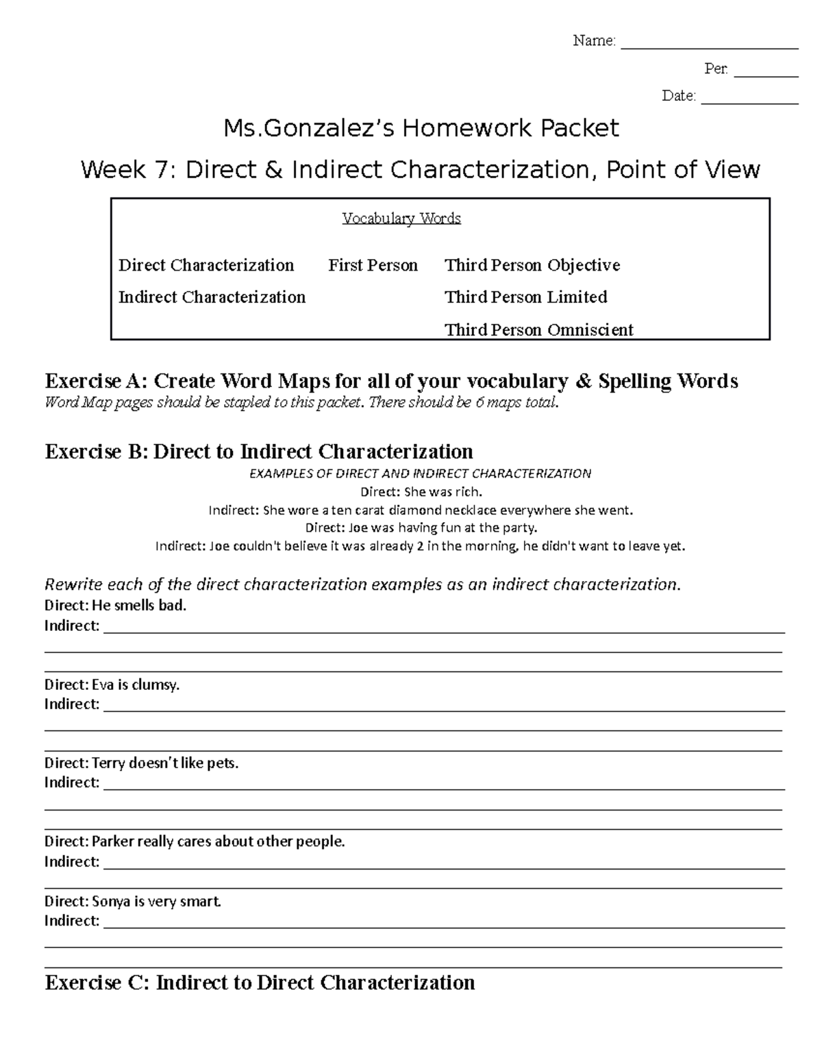 Homework packet week 7 Indirect Direct characterization POV - Name