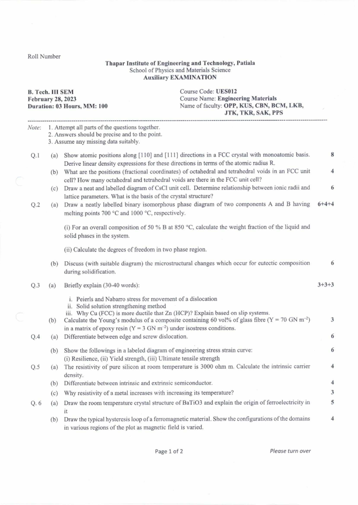 UES012 2023 Aux E - PYQ - Roll Number Thapar Institute of Engineering ...