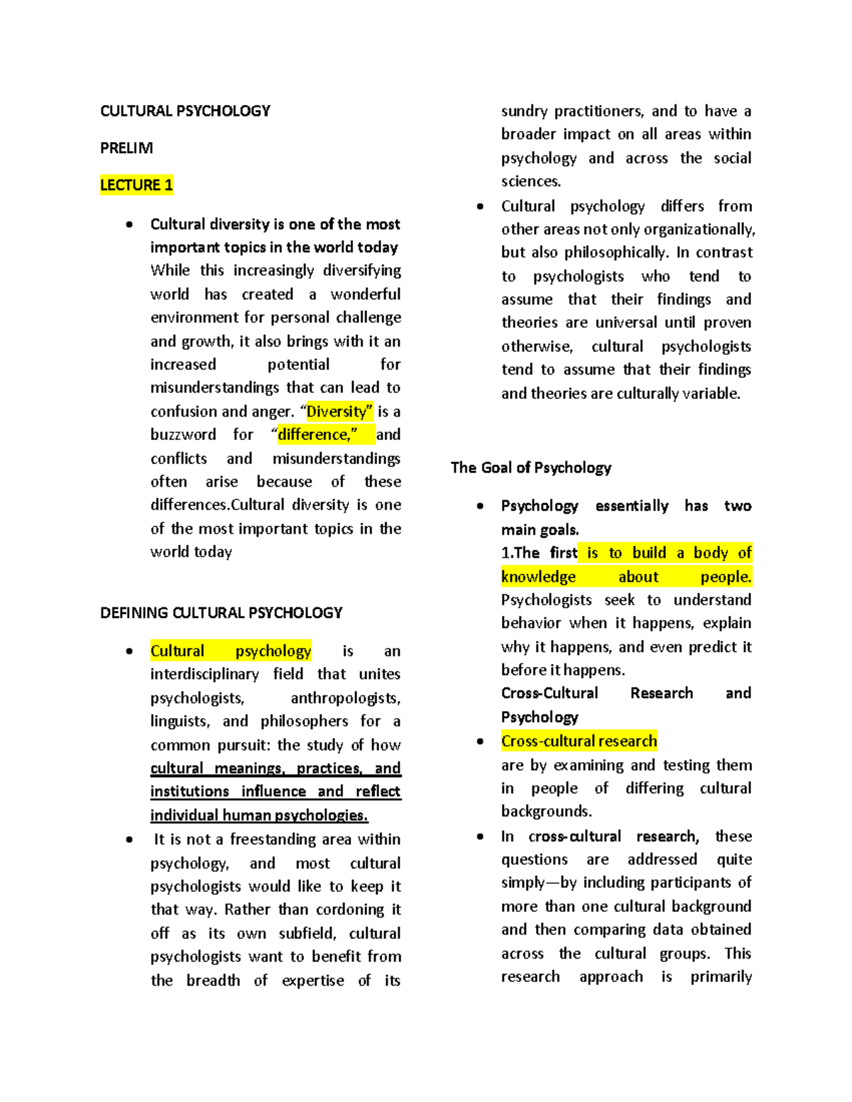 Cultural Reviewer Lecture 12 Prelim - CULTURAL PSYCHOLOGY PRELIM ...