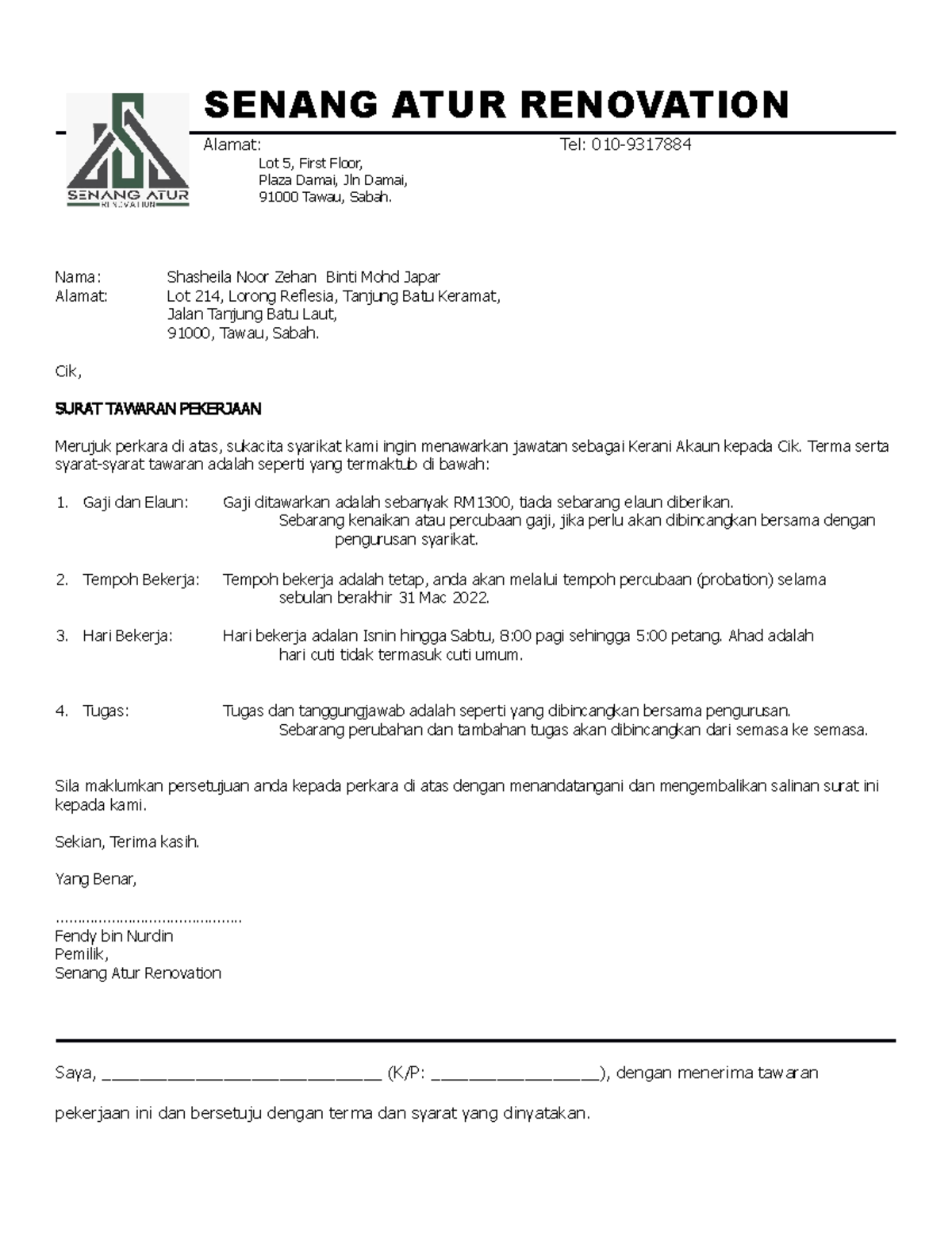 Offer Letter - Senang ATUR Renovation - SENANG ATUR RENOVATION Alamat ...