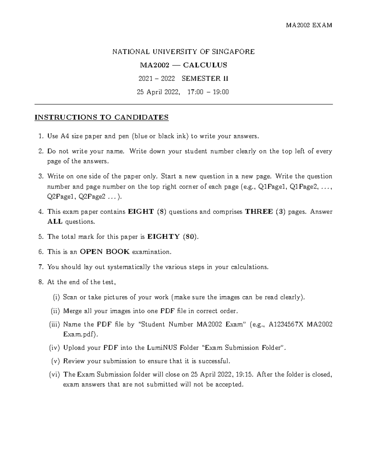 2122SEM2-MA2002 - MA2002 AY21/22 Sem 2 Final - MA2002 EXAM NATIONAL UNIVERSITY OF SINGAPORE ...