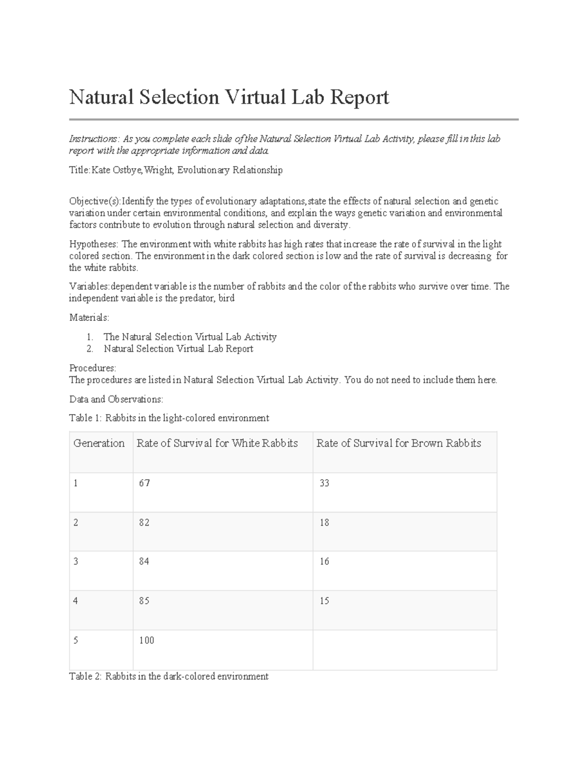 Natural Selection Virtual Lab Report - Natural Selection Virtual Lab ...