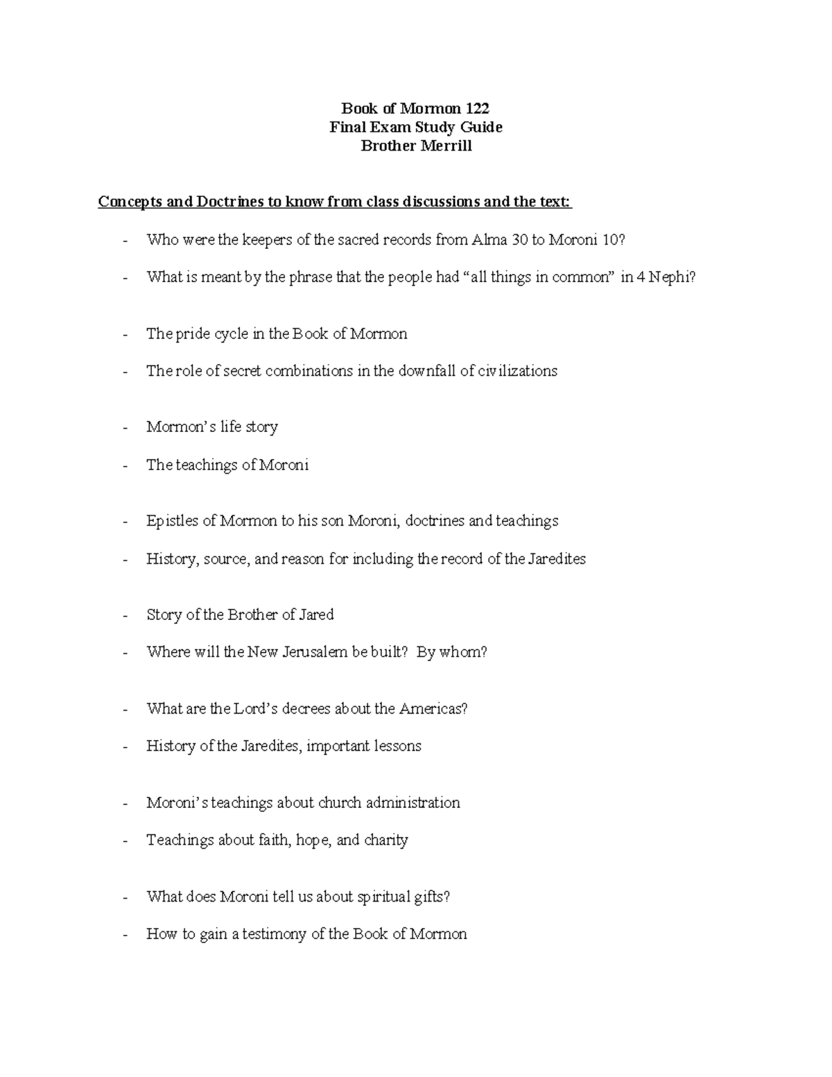 Book of Mormon 122 - Book of Mormon 122 Final Exam Study Guide Brother ...