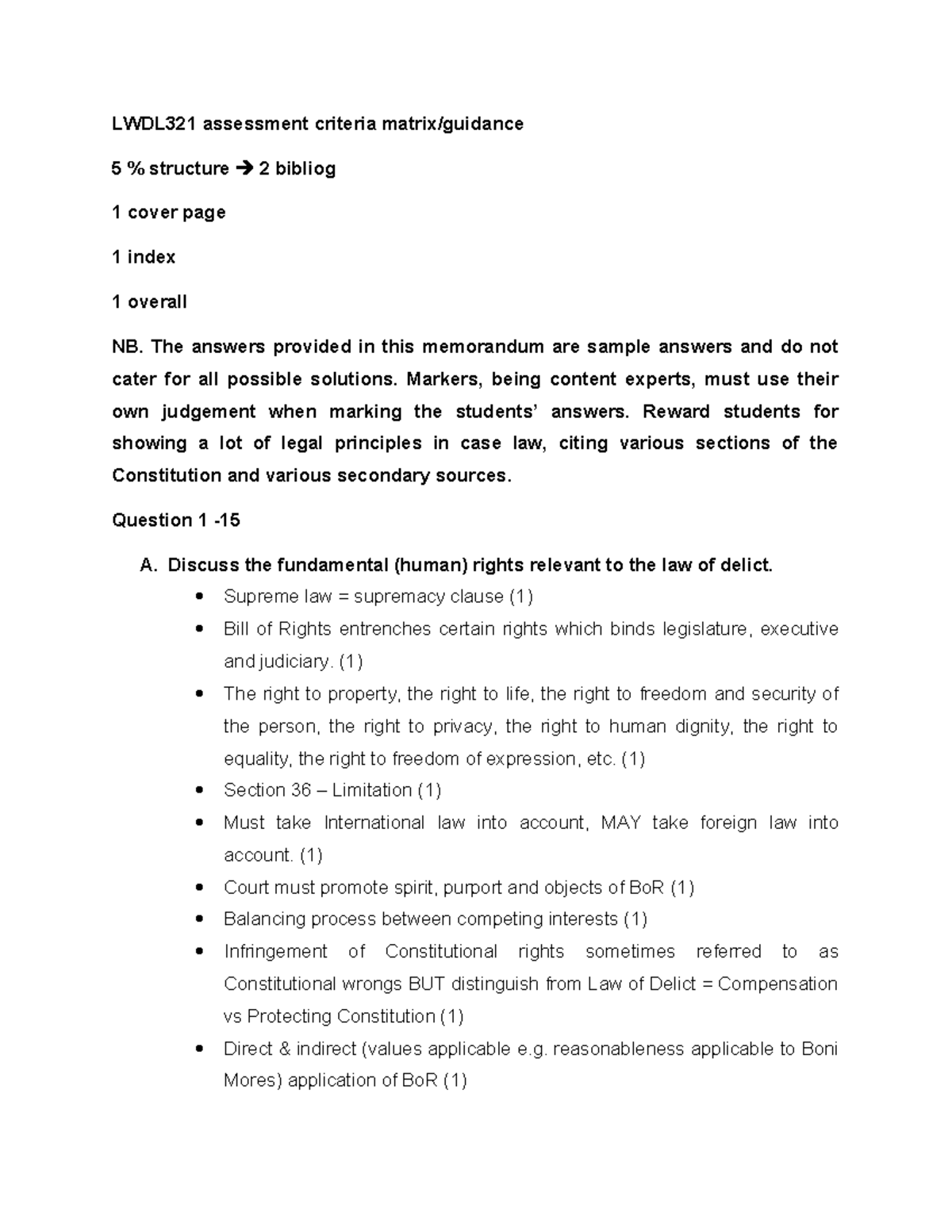 LWDL321 assignment memo - LWDL321 assessment criteria matrix/guidance 5 ...