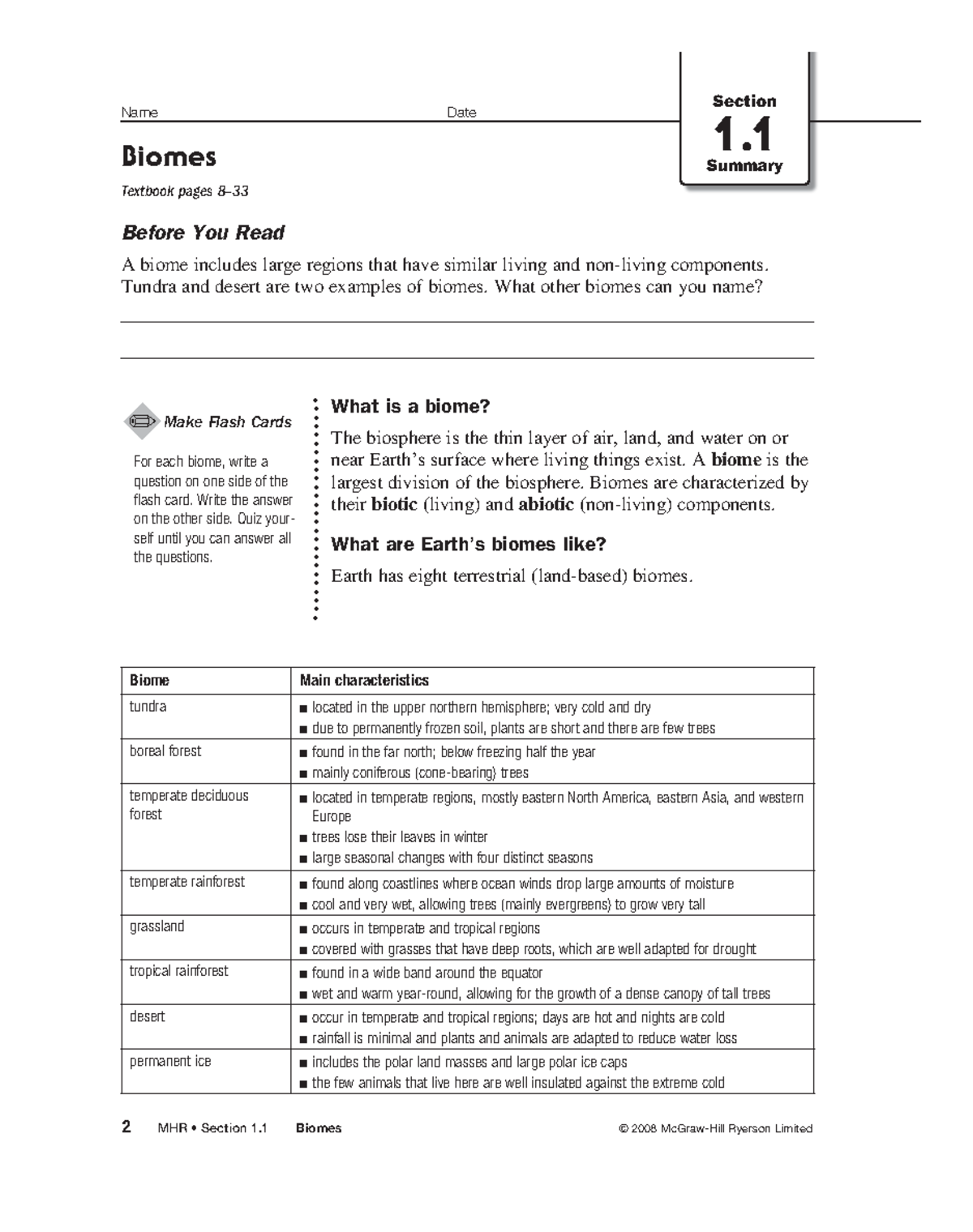 1.1 Wbk - Science 10 - 2 MHR • Section 1 Biomes © 2008 McGraw-Hill ...