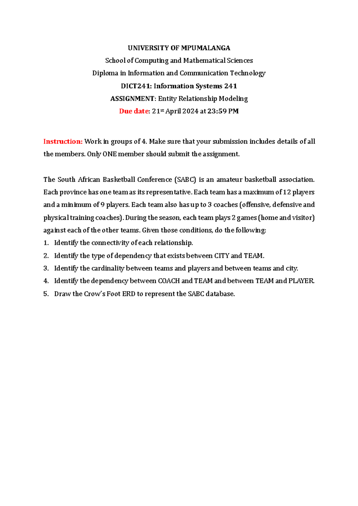 Assignment - UNIVERSITY OF MPUMALANGA School of Computing and ...