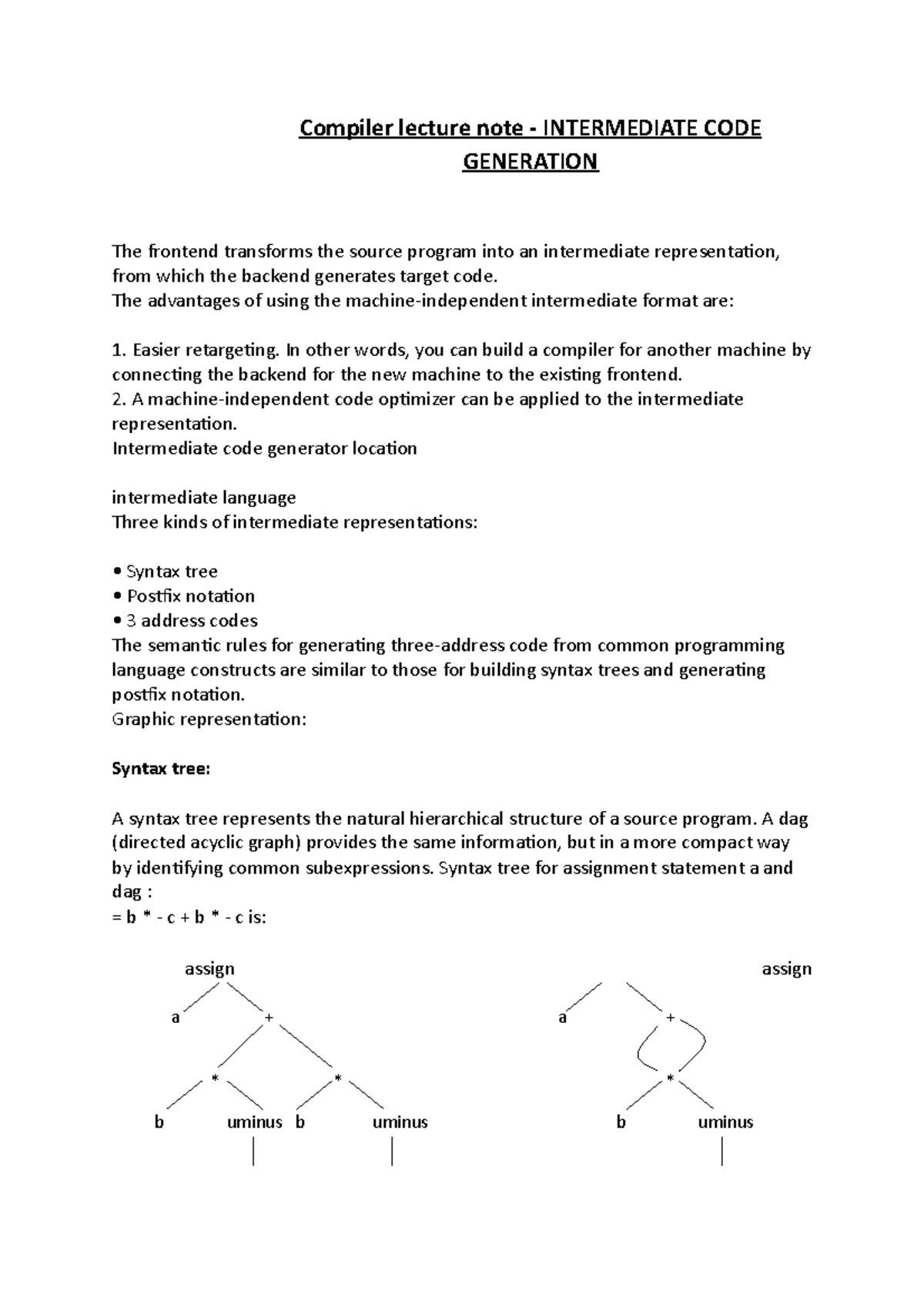 Compiler lecture note - Intermediate CODE Generation - Compiler lecture note - INTERMEDIATE CODE ...