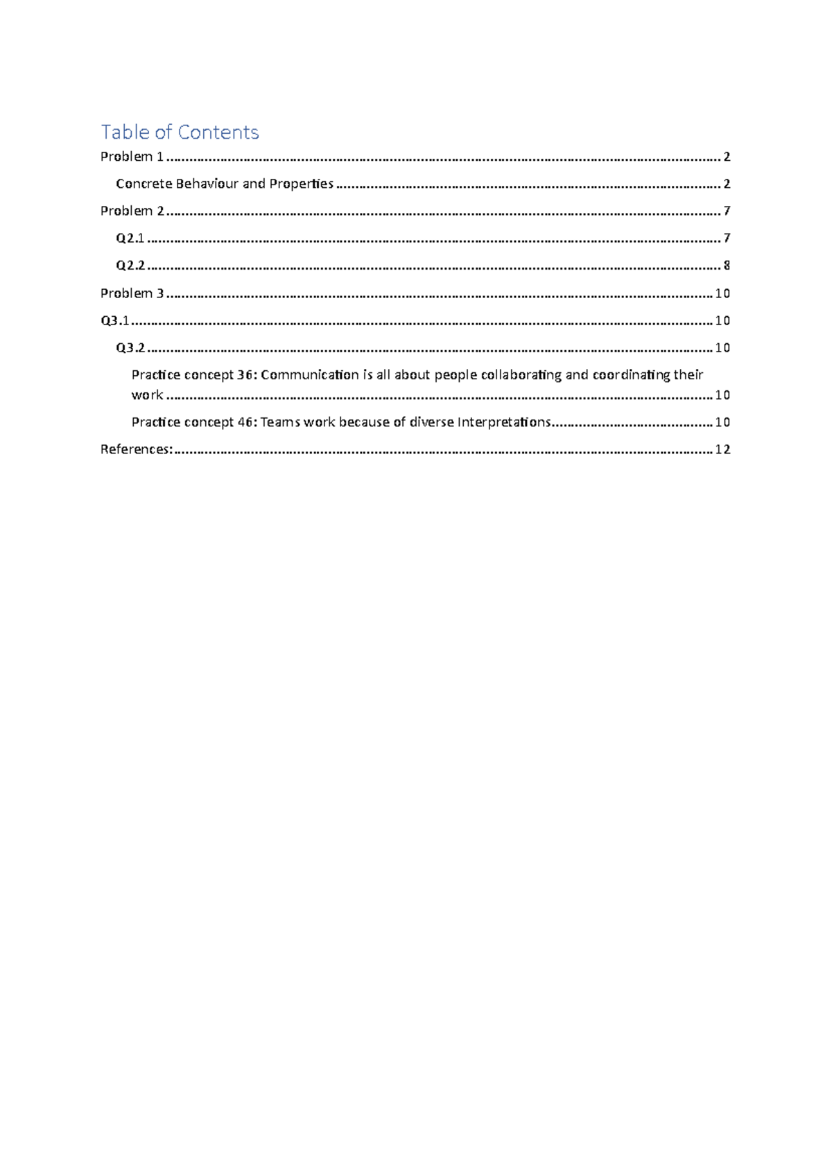 Assignment Problem Question 2 - Construction - Table of Contents Problem Concrete Behaviour and ...