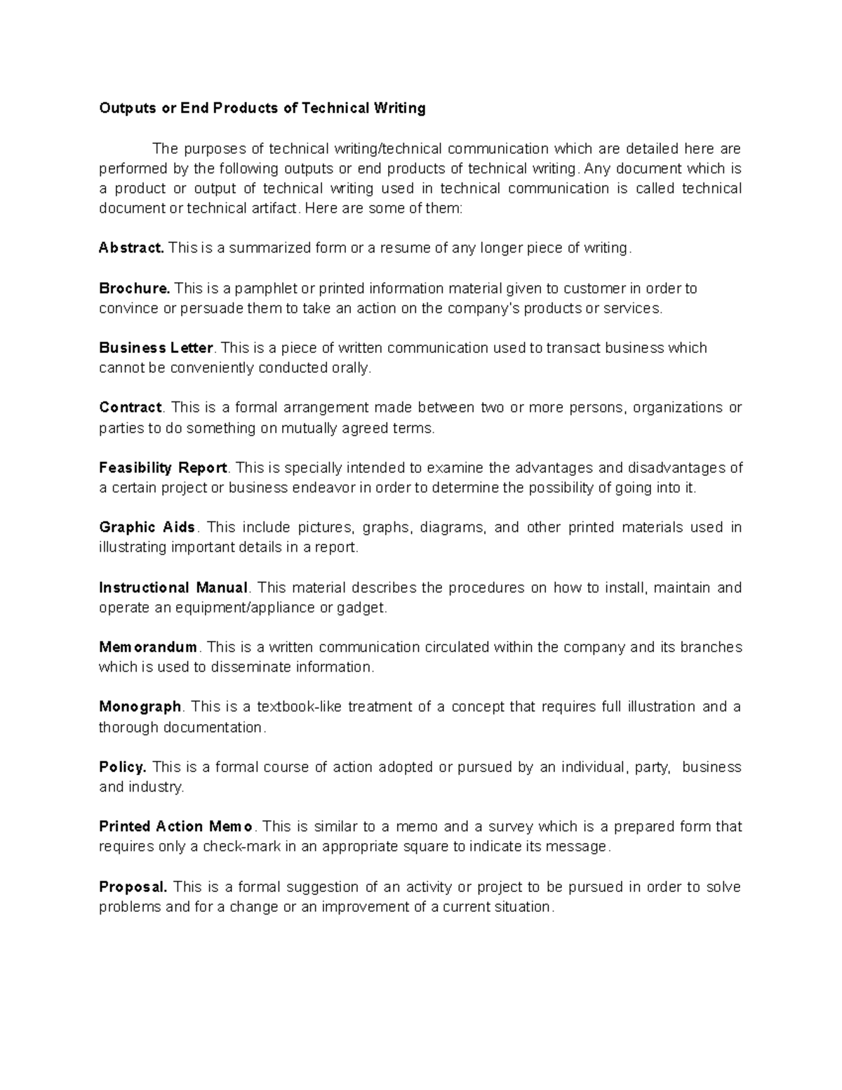 Outputs Or End Products Of Technical Writing Any Document Which Is A