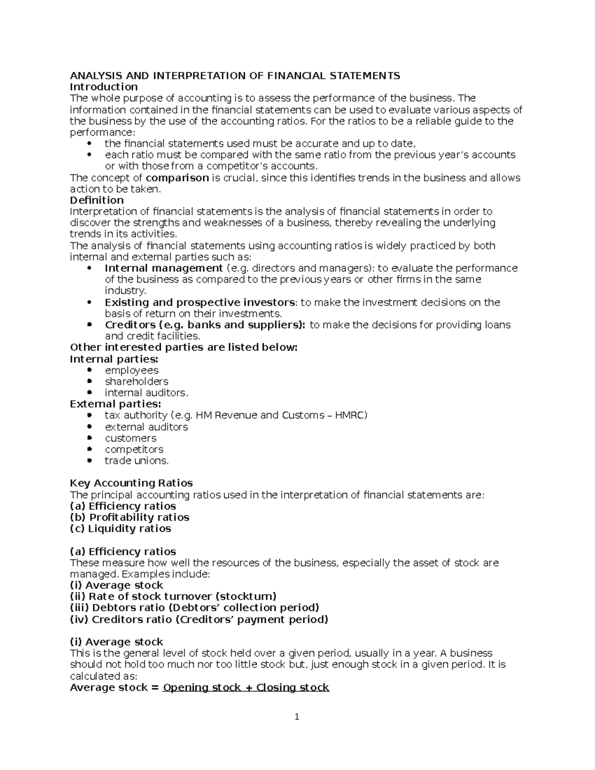 Analysis AND Interpretation OF Financial Statements - ANALYSIS AND ...