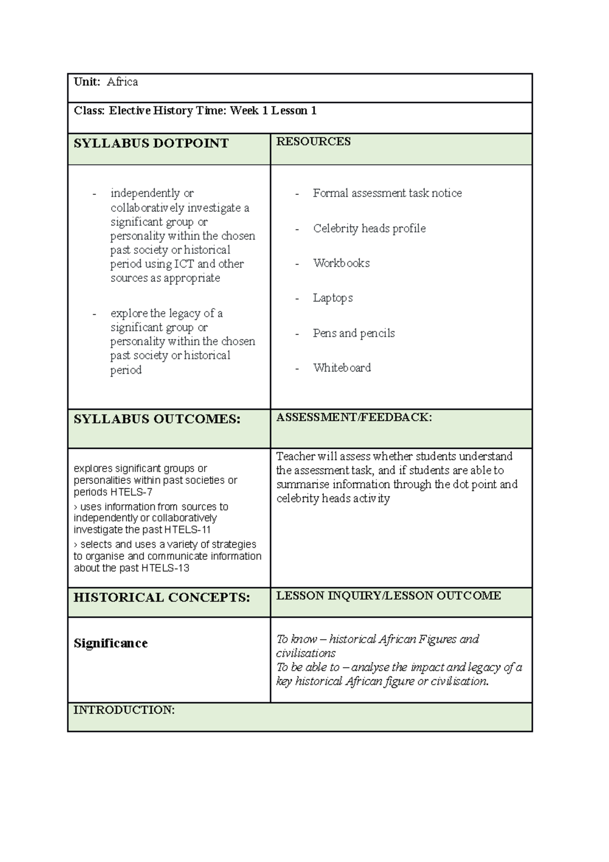 Lesson plans elective history - Unit: Africa Class: Elective History ...