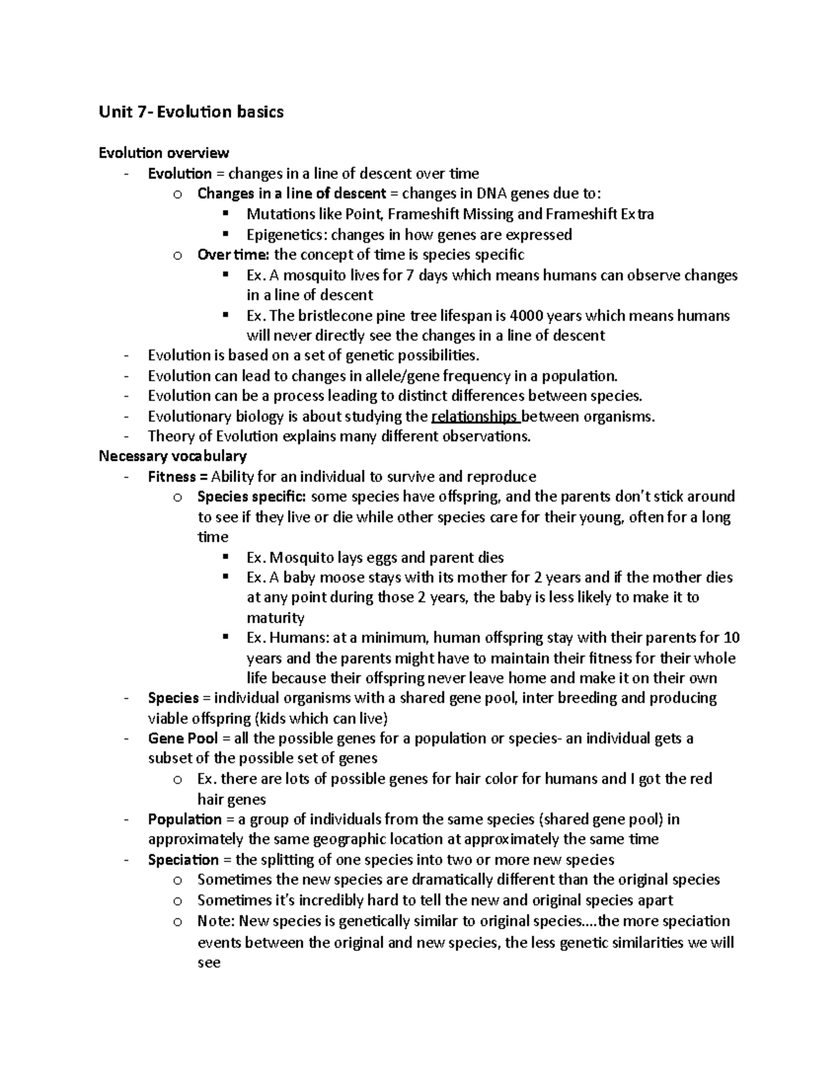 Bio Unit 7 - Pease lecture notes/study for exam - Unit 7- Evolution ...