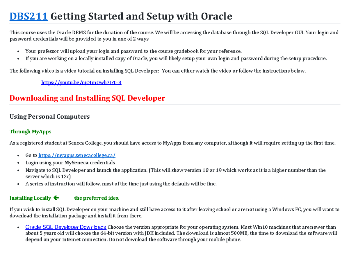 L00-Geting started with Oracle-DBS211 - DBS 211 Getting Started and Setup with Oracle This ...