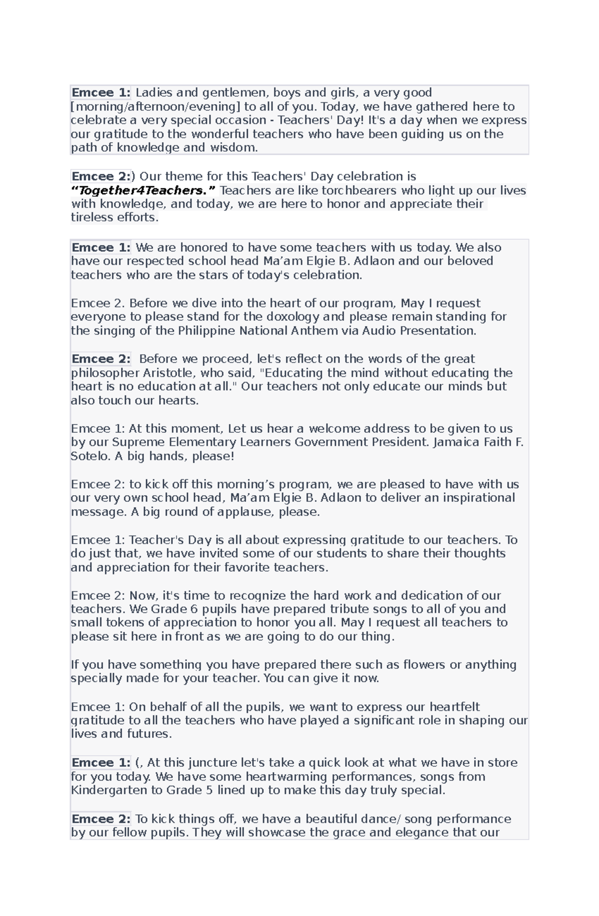 Emcee Script for Teachers' Day - Emcee 1: Ladies and gentlemen, boys ...