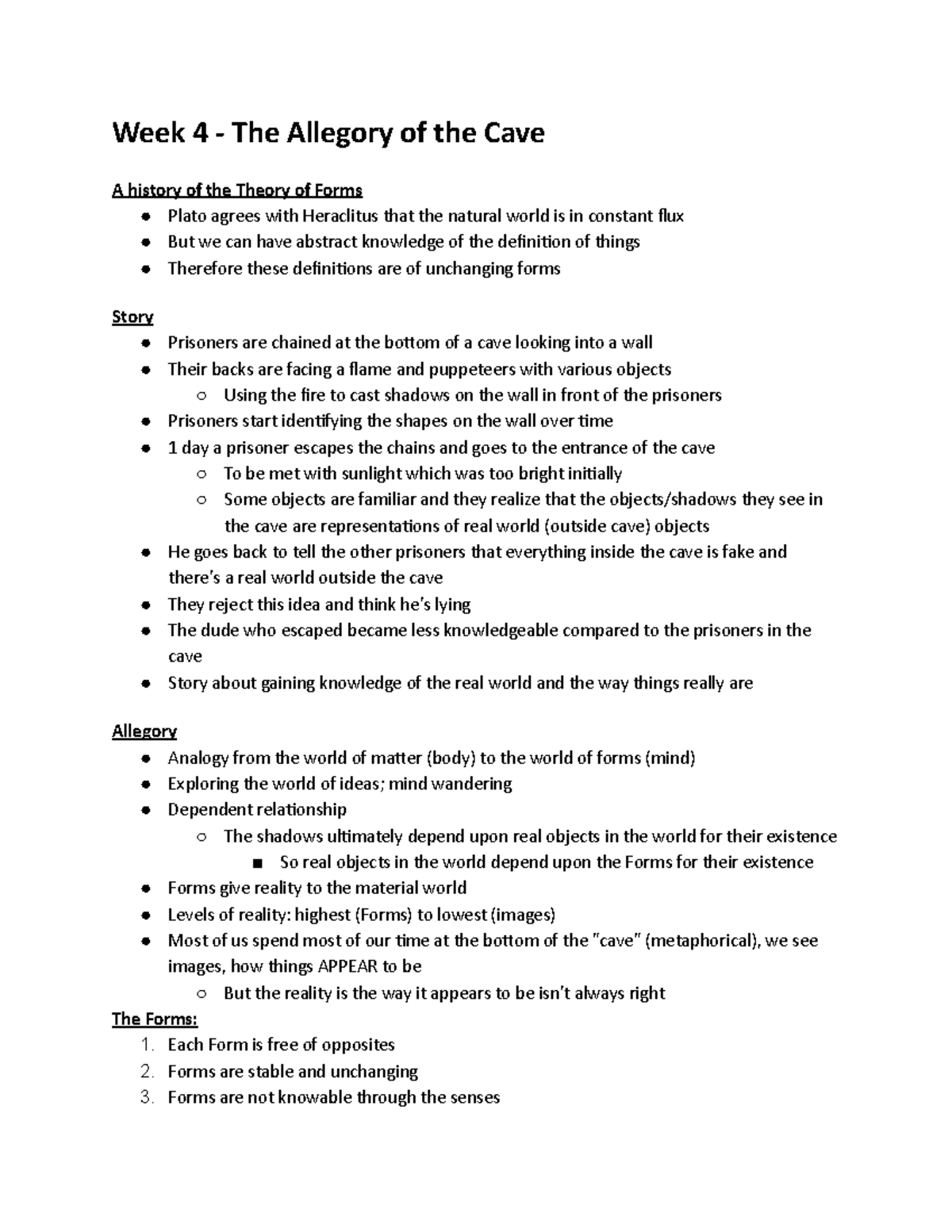 PHIL 111 Week 4 Notes - Week 4 - The Allegory of the Cave A history of ...