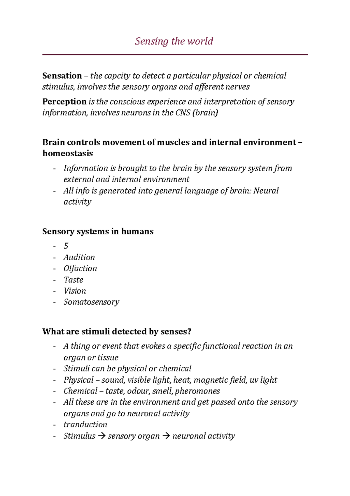 9. Sensing the world - Lecture notes 9 - Sensing the world Sensation ...