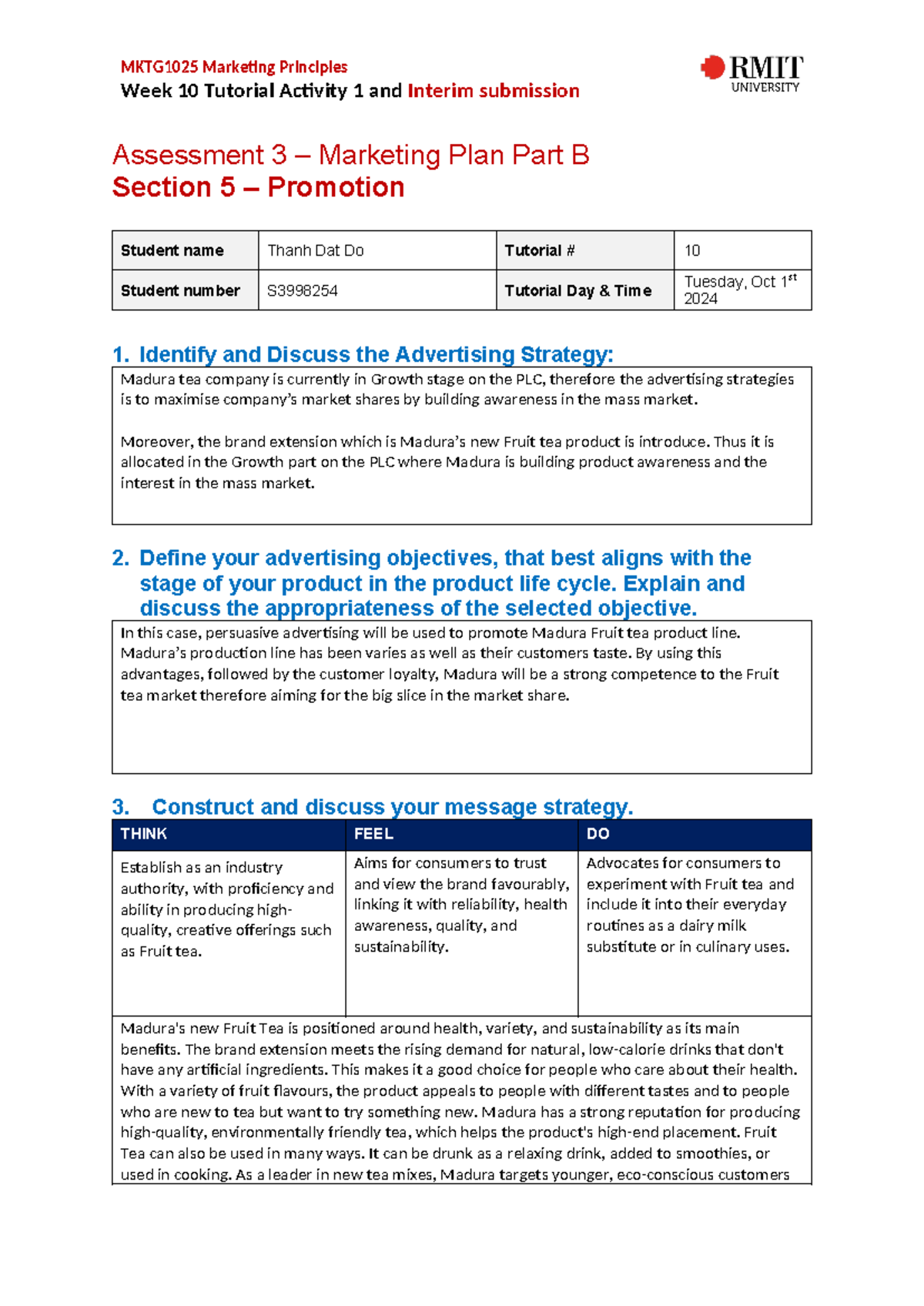 Interim 4 - Promotion - HD graded - MKTG1025 Marketing Principles Week 10 Tutorial Activity 1 ...