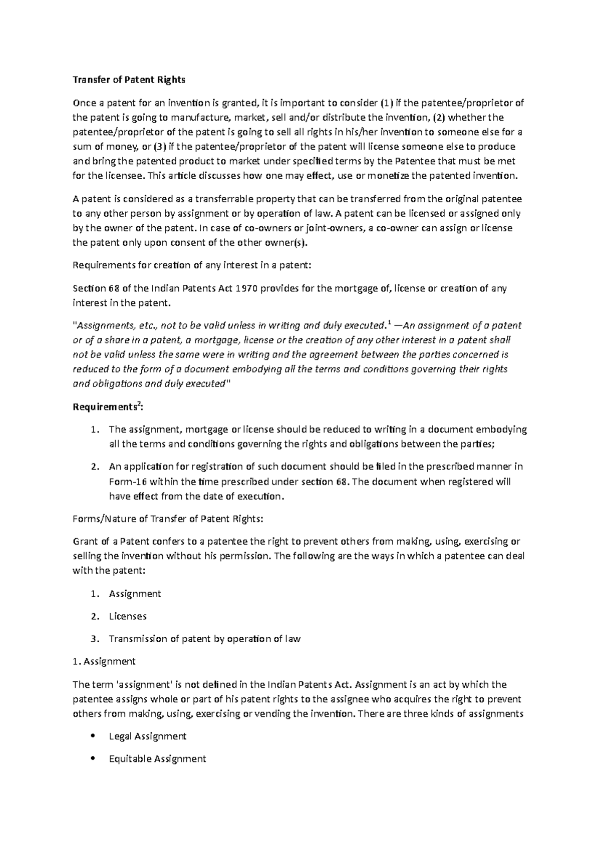 Internals - Patent Law - Q4 - Transfer of Patent Rights Once a patent ...