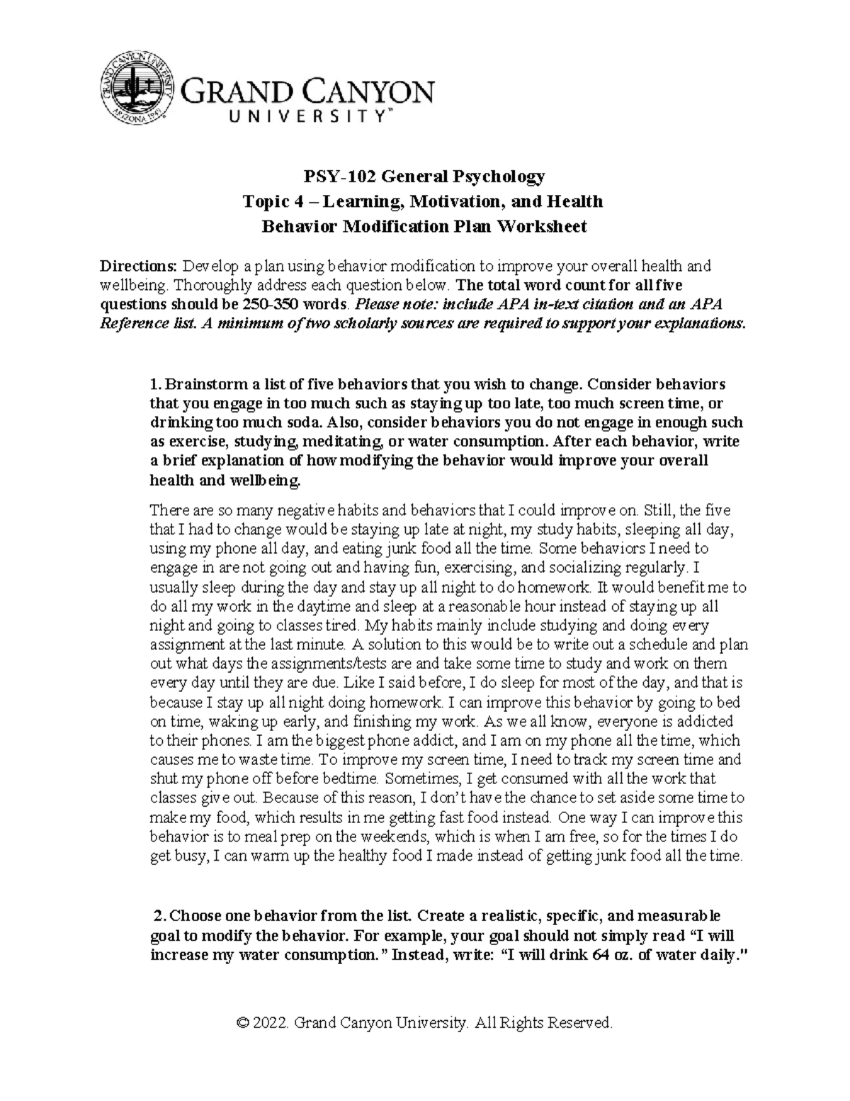 PSY 102 RS T4 Behavior Modification Plan - PSY-102 General Psychology ...