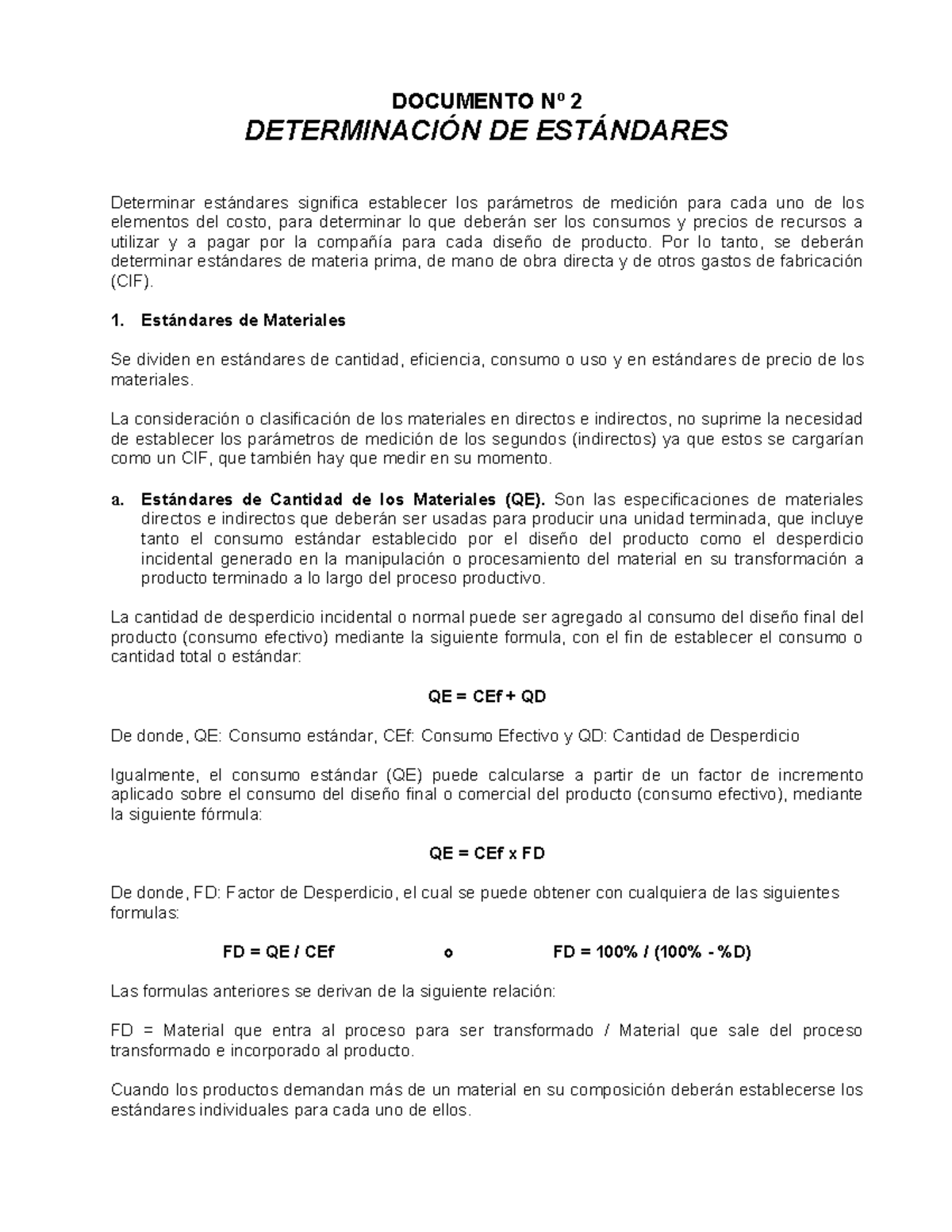 Documento 2 Costos Estandar - Determinacion DE Estandares - DOCUMENTO ...