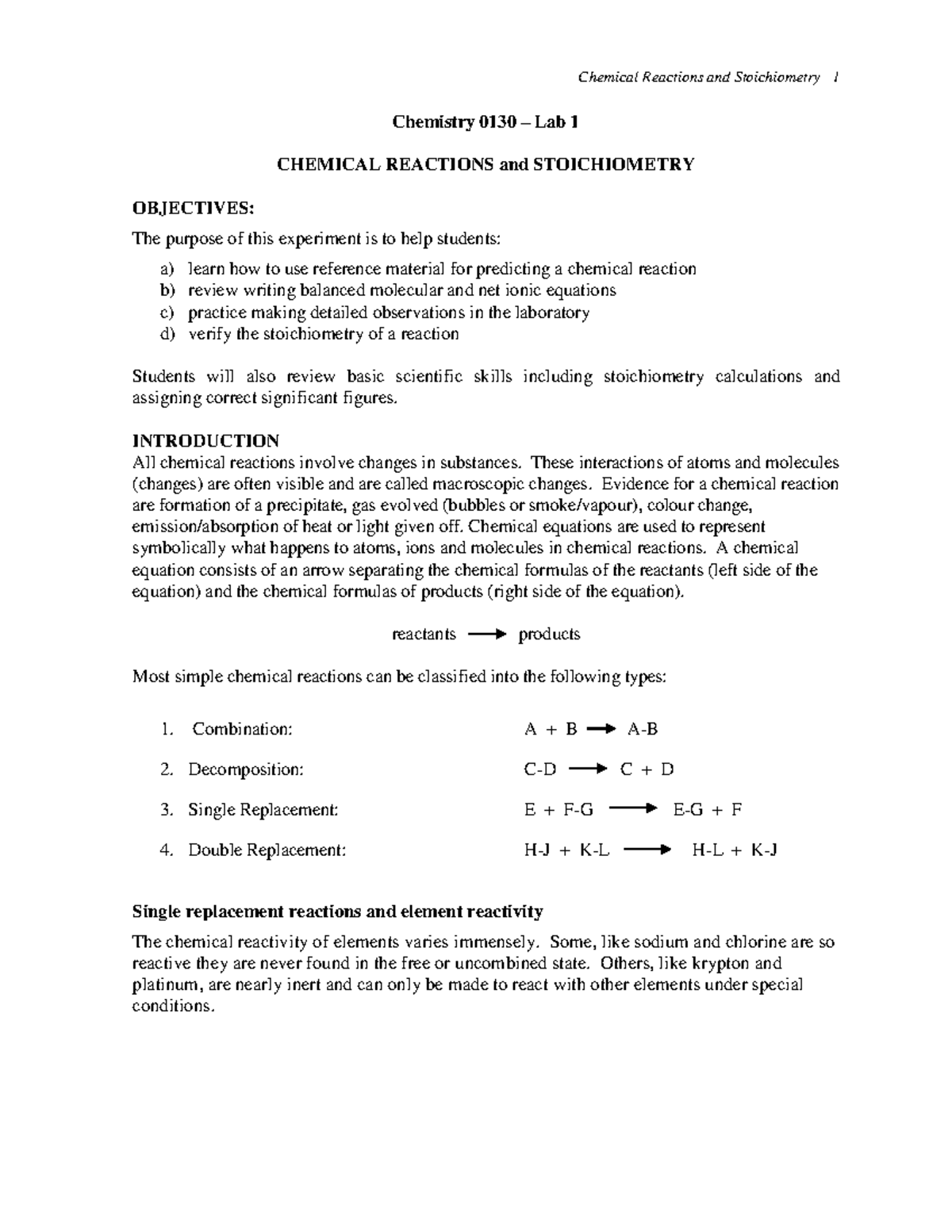 Lab 1 Limiting Reactants S21 - Chemistry 0130 – Lab 1 CHEMICAL REACTIONS and STOICHIOMETRY - Studocu