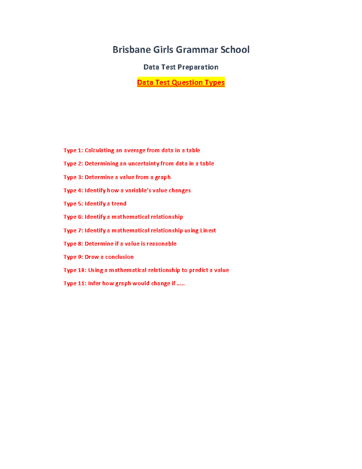 Data Test Question Types Final - Brisbane Girls Grammar School Data ...